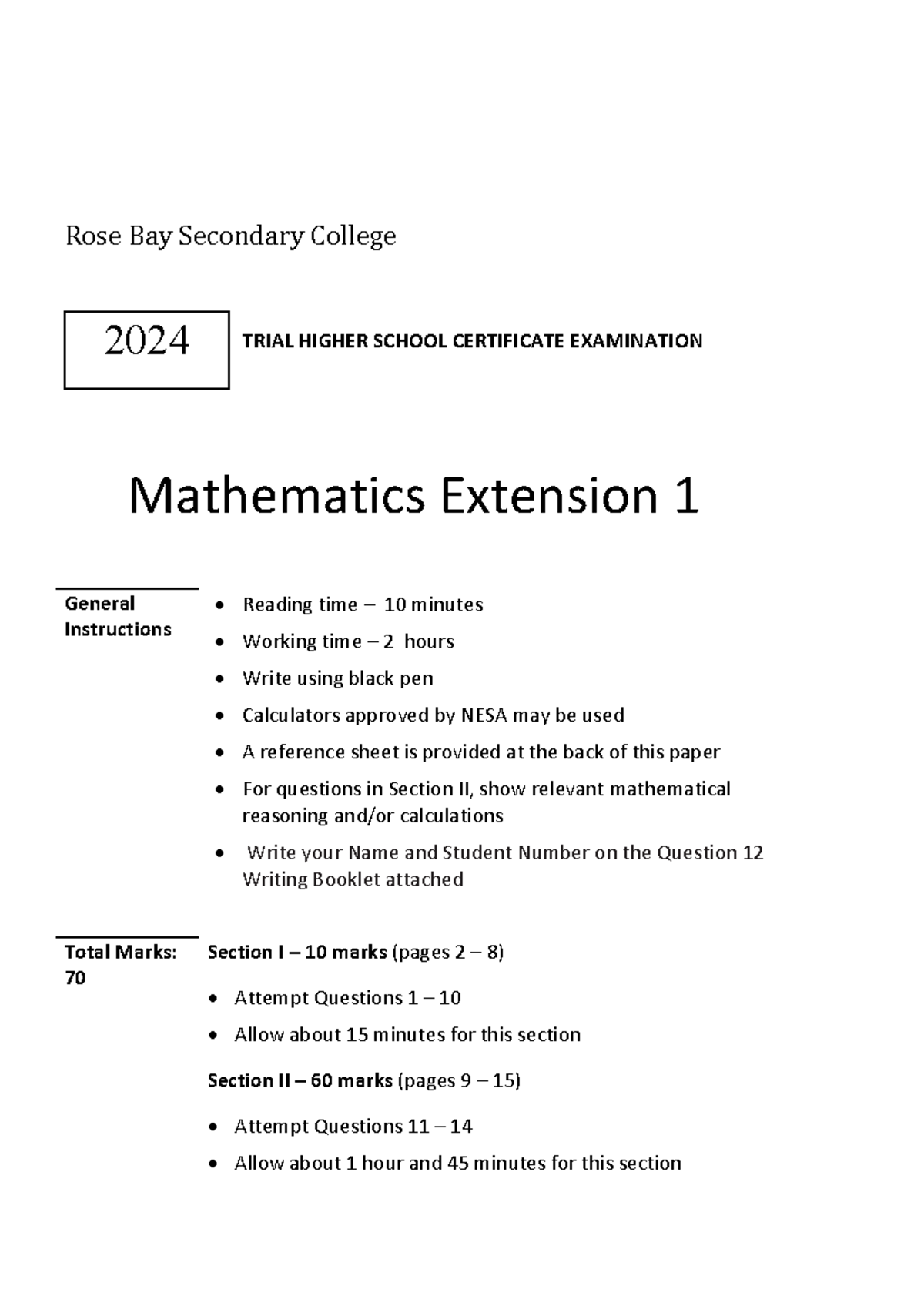 RBSC HSC Mathematics Extension 1 Trial Exam 2024 - Studocu