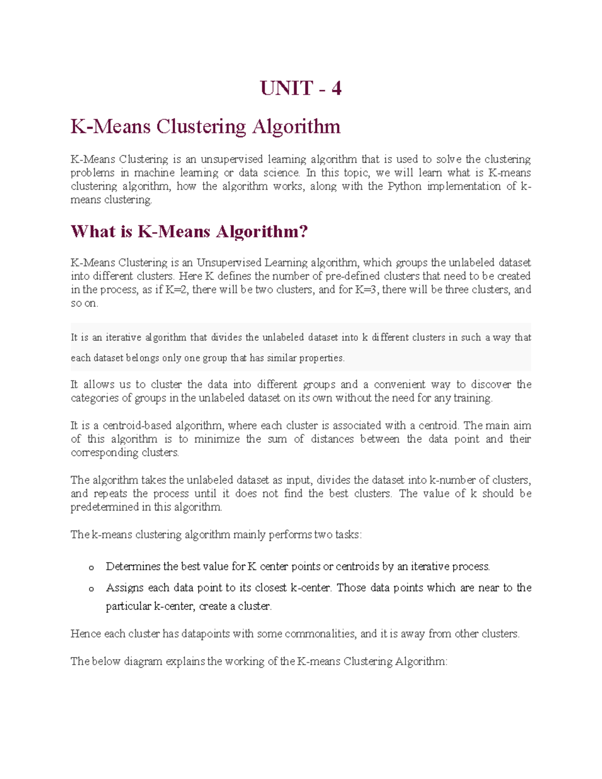 UNIT 4 AAM - Clustering Algorithm Overview and Python Implementation - Studocu