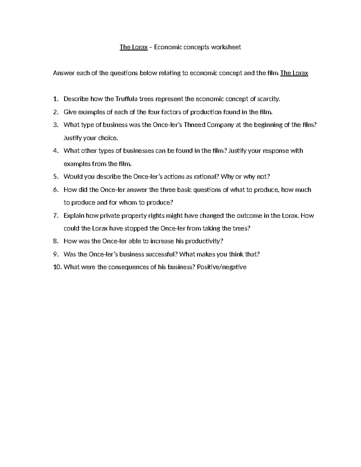 The Lorax Worksheet: Economic Concepts Analysis and Discussion - Studocu