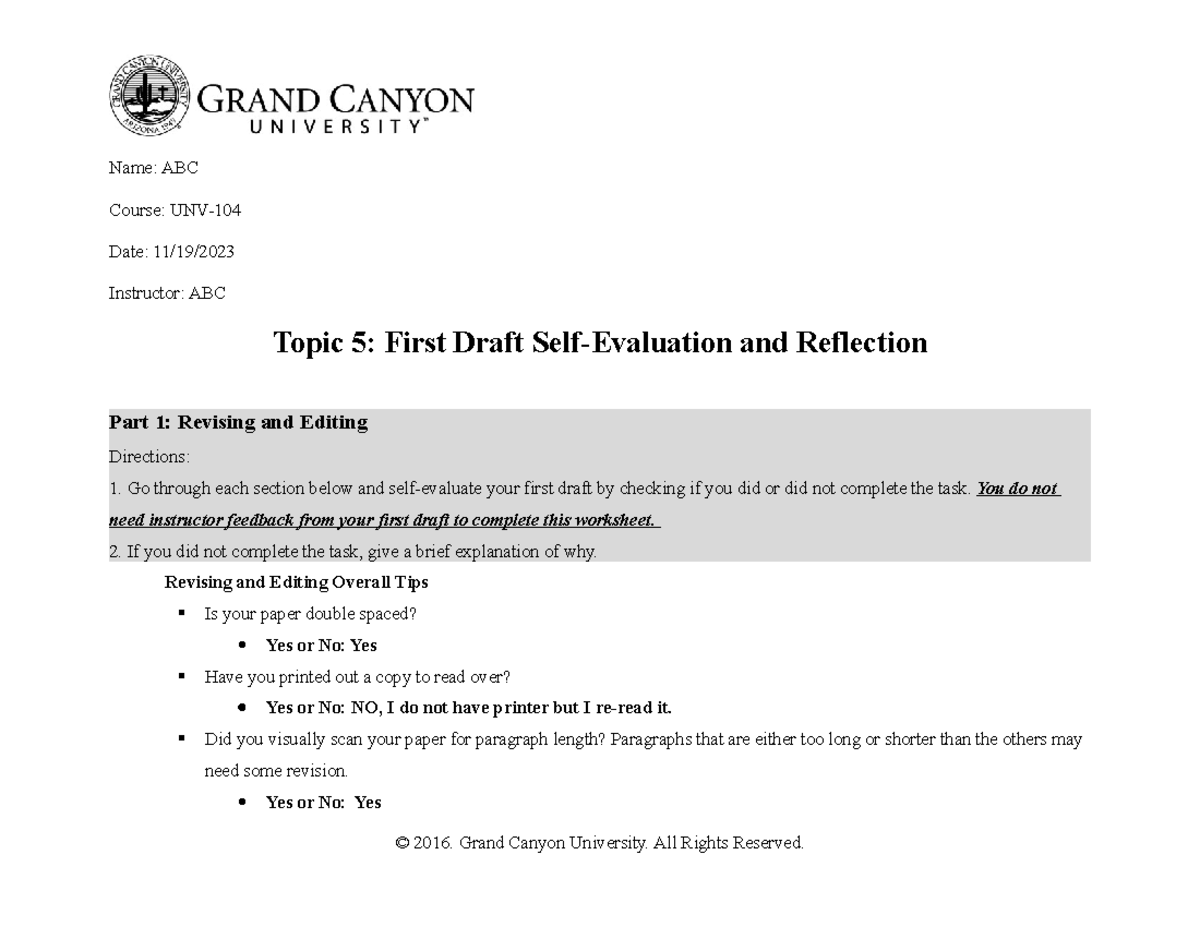 UNV-104-RS-T5-First Draft Self-Evaluation and Reflection Review - Studocu
