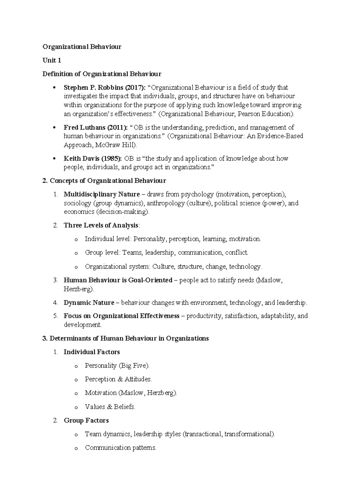 Organizational Behaviour Unit 1: Key Concepts and Influences - Studocu