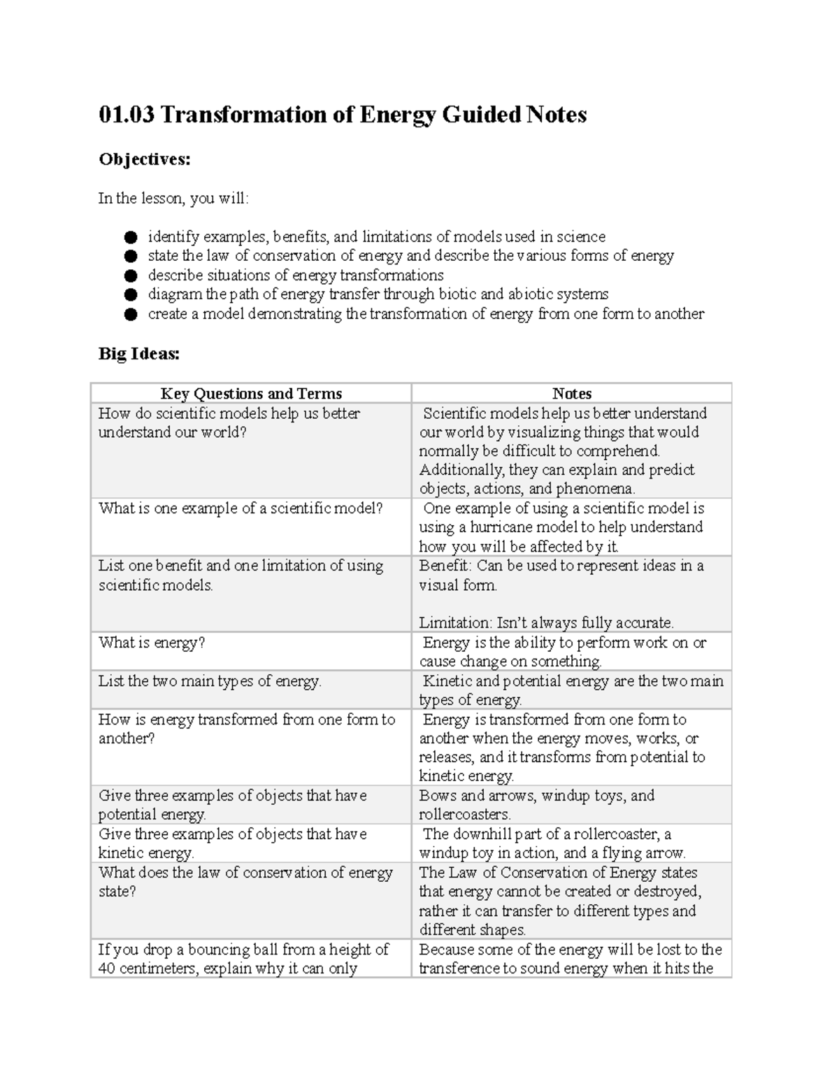 01 03 notes - 01 Transformation of Energy Guided Notes Objectives: In ...