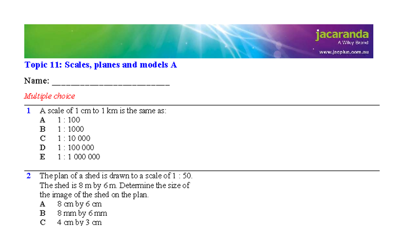 Scales, planes and models Test A (Jac Plus) - Topic 11: Scales, planes ...