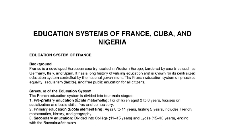 EDUCATION SYSTEMS OF FRANCE, CUBA, AND NIGERIA: A Comparative Study ...