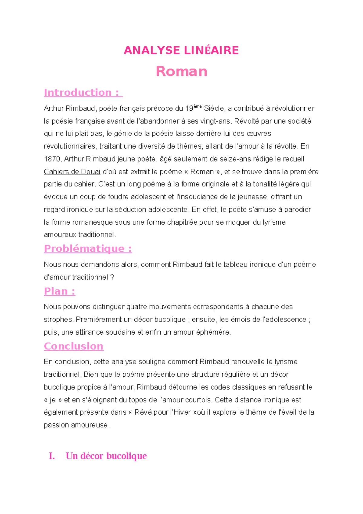 Analyse linéaire du poème "Roman" d'Arthur Rimbaud - FR105 - Studocu