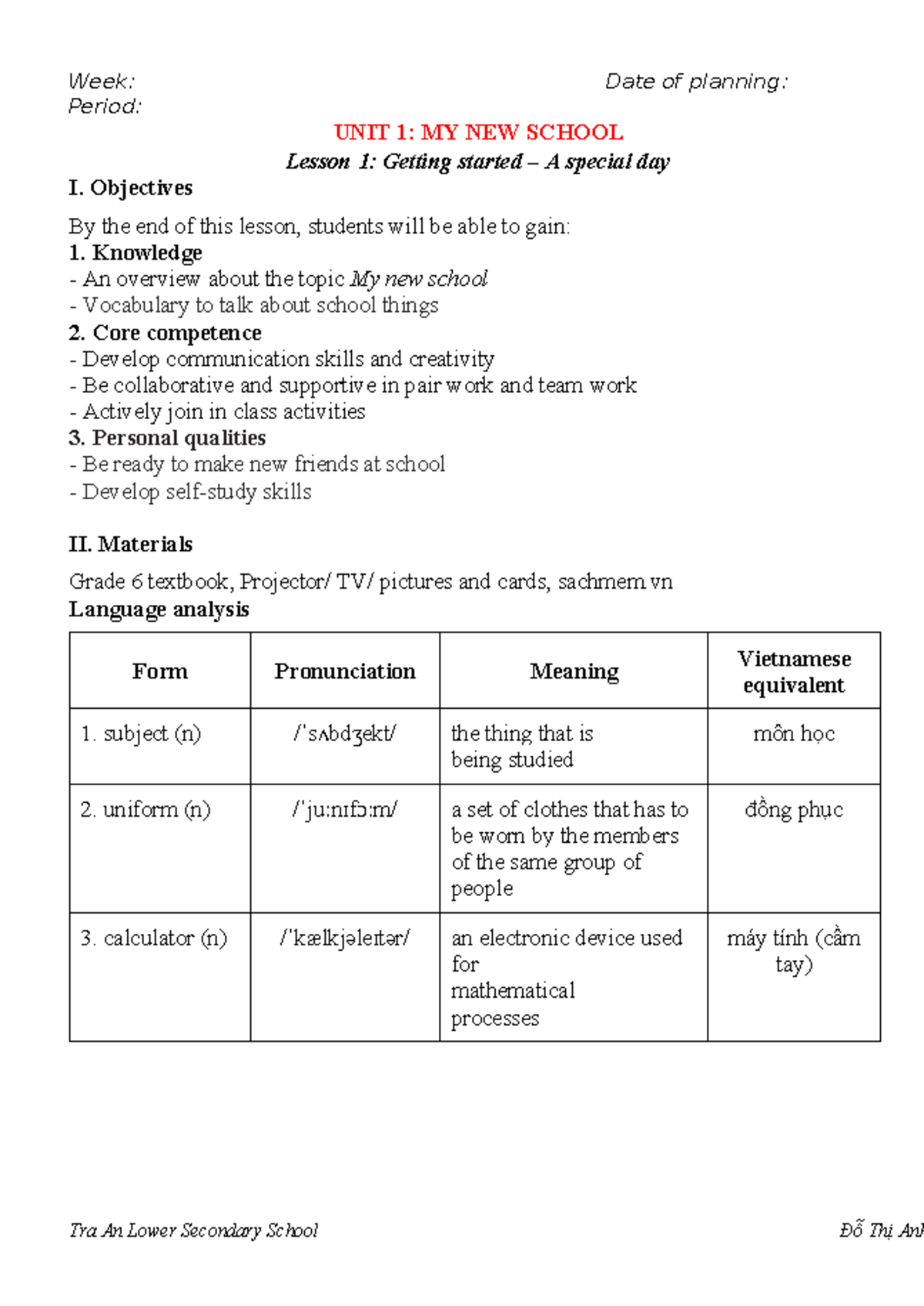 Unit 1: Lesson 1 - My New School Overview and Activities - Studocu