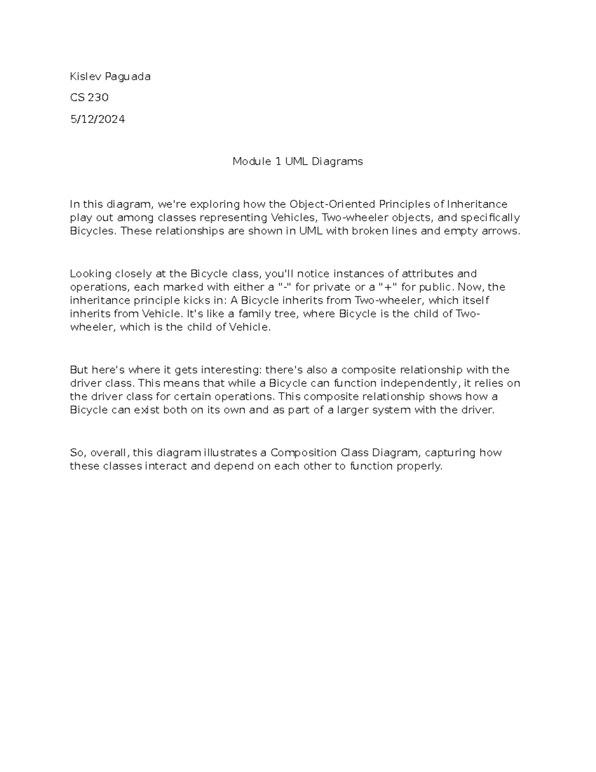 Mod1 CS230 UML Diagrams: Exploring Object-Oriented Inheritance - Studocu