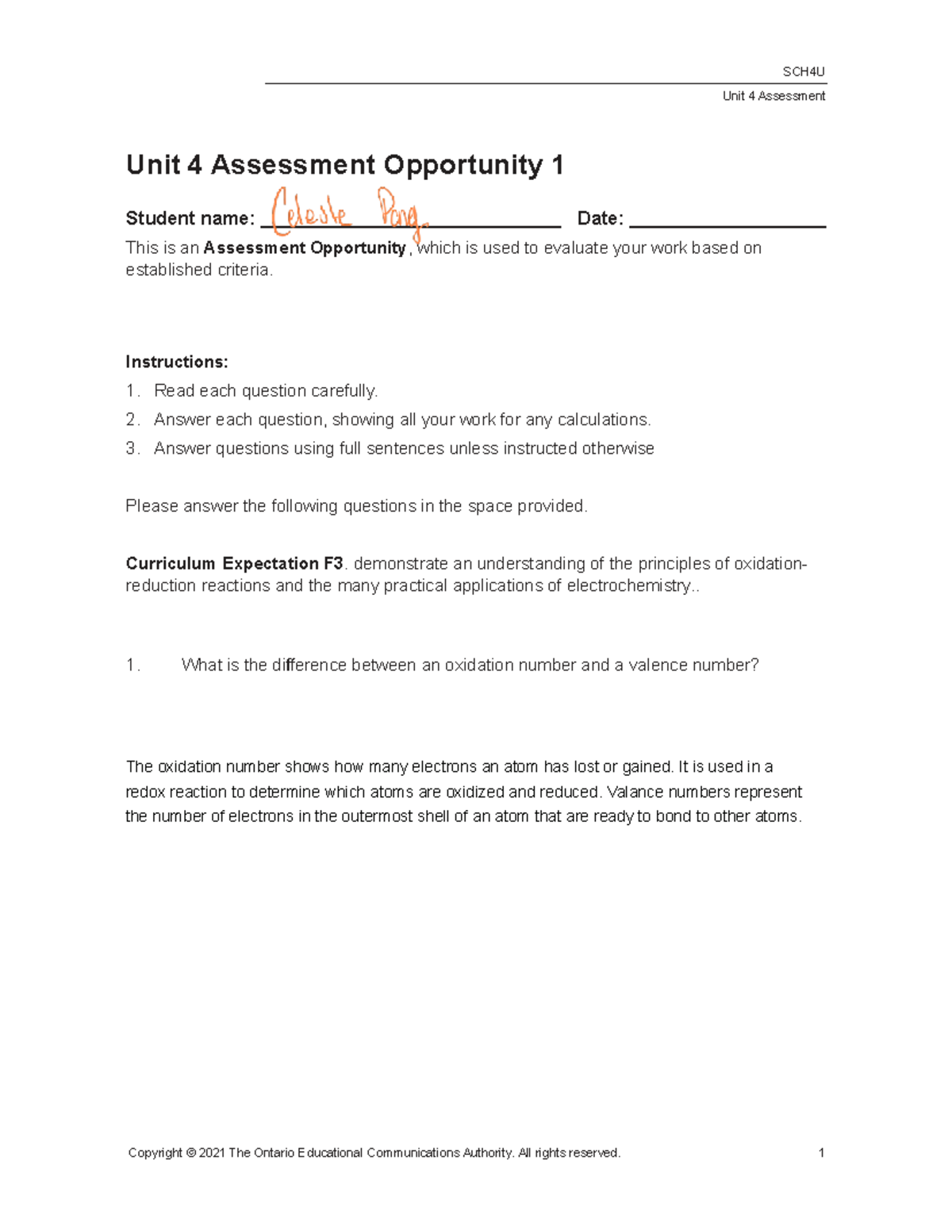 SCH4U Unit 4 Assessment: Oxidation-Reduction Reactions Explained - Studocu