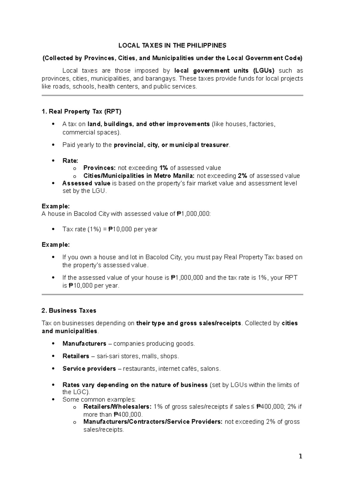 LGU- Local Taxes in the Philippines: Overview and Examples - Studocu