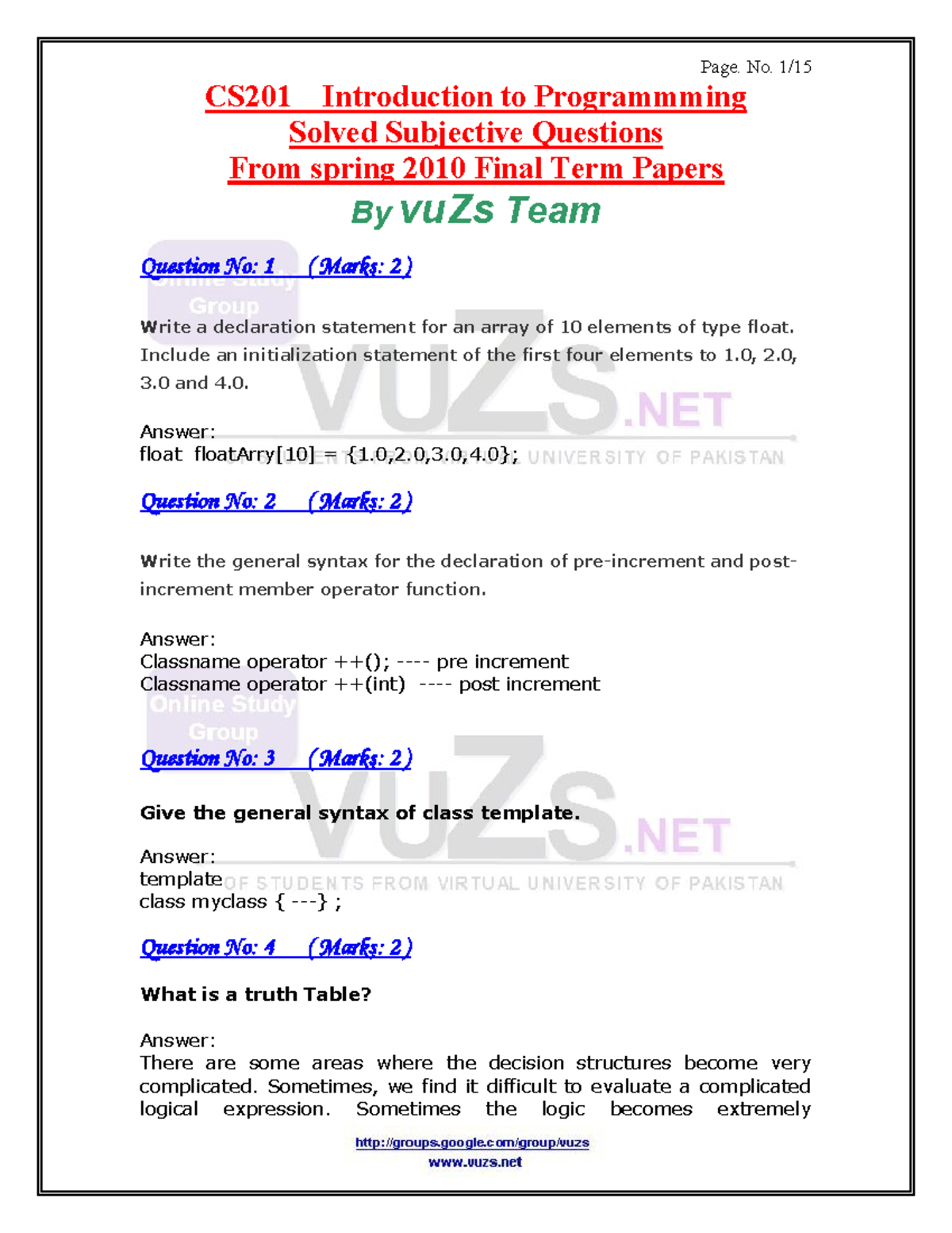 CS201 Final Term Solved Subjective Questions (Spring 2010) - Studocu