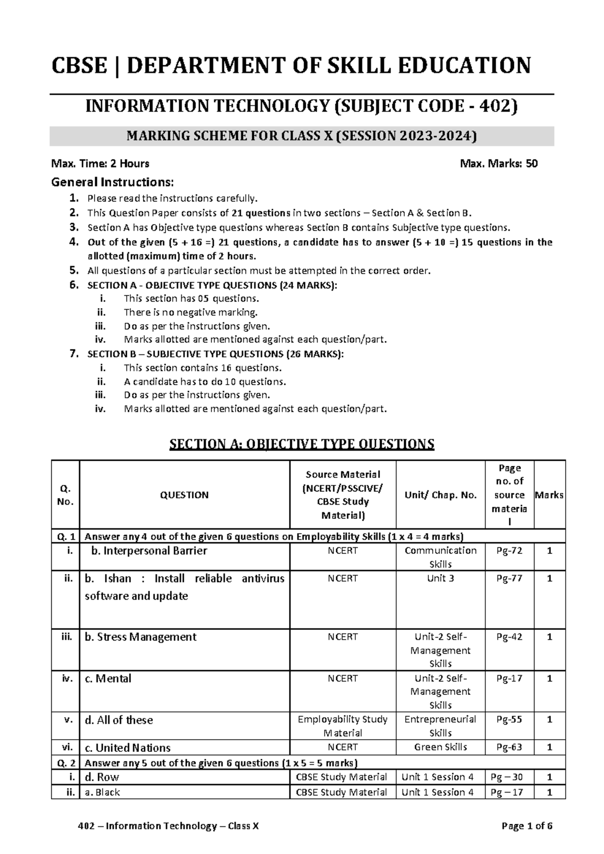 Class 10 IT 402 Sample Paper Solutions - CBSE | DEPARTMENT OF SKILL ...
