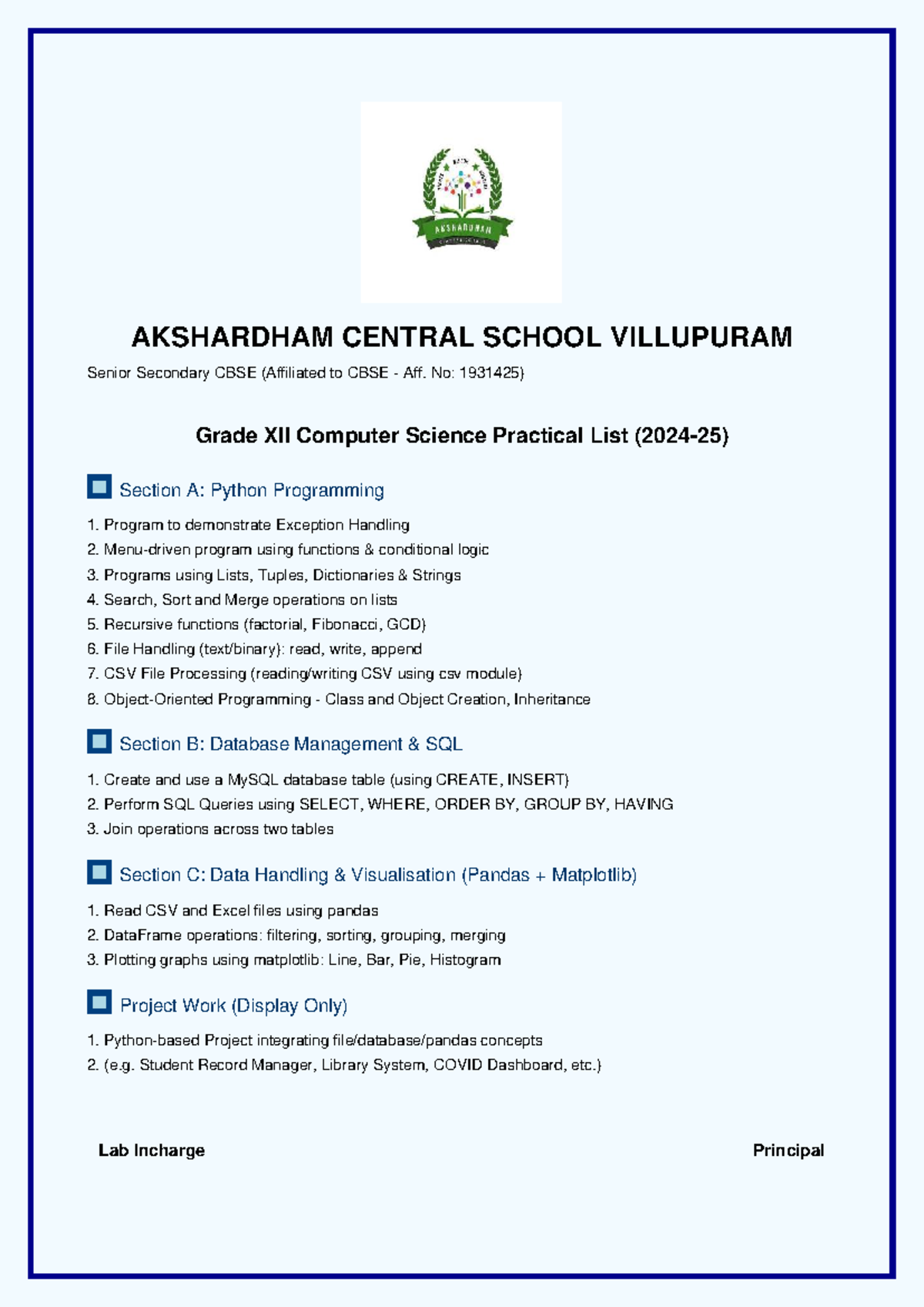 Grade XII CS Practical List - Python & DBMS (AKSHARDHAM) - Studocu