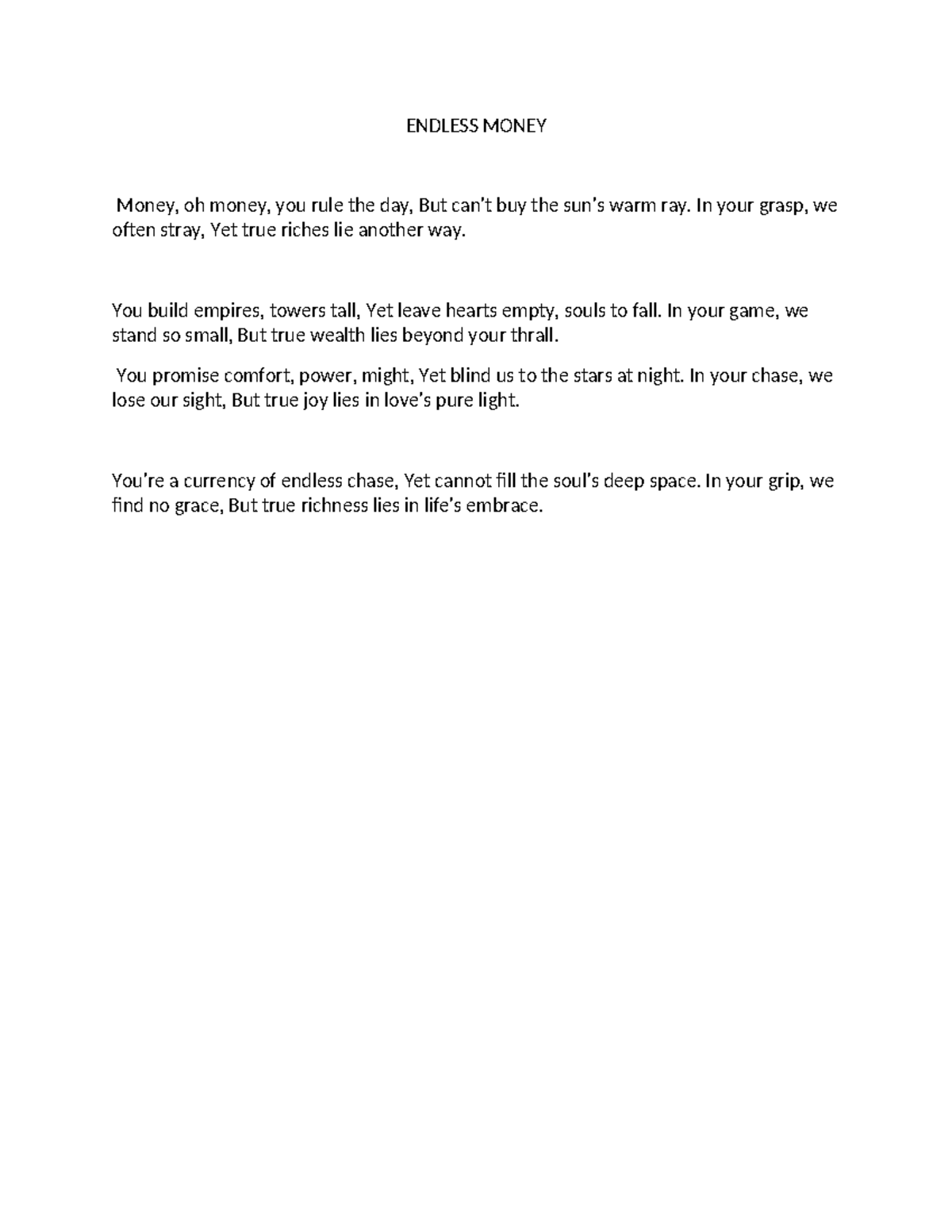 Endless money - Lesson for chapter 1 - ENDLESS MONEY Money, oh money ...