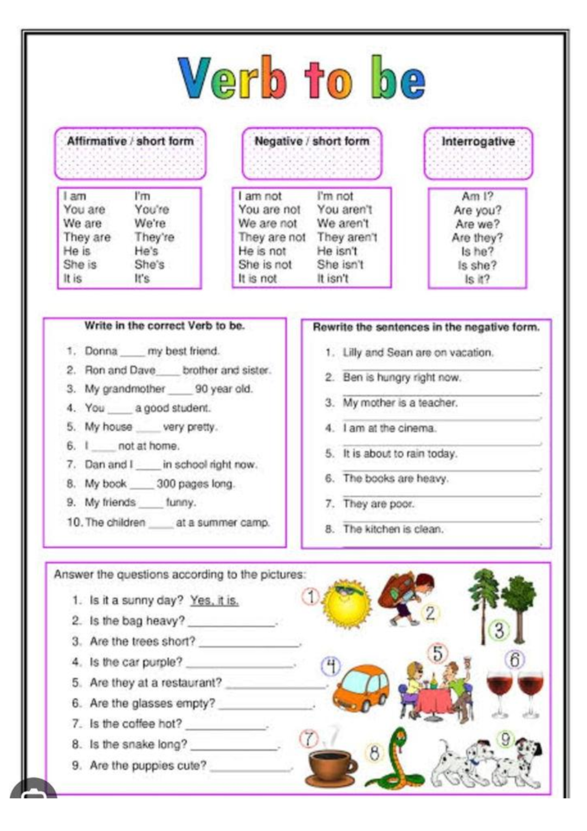 VERB TO BE - LM!Iunlﬁvo Short Form & Negative Forms PGS, N P98 10 - Studocu