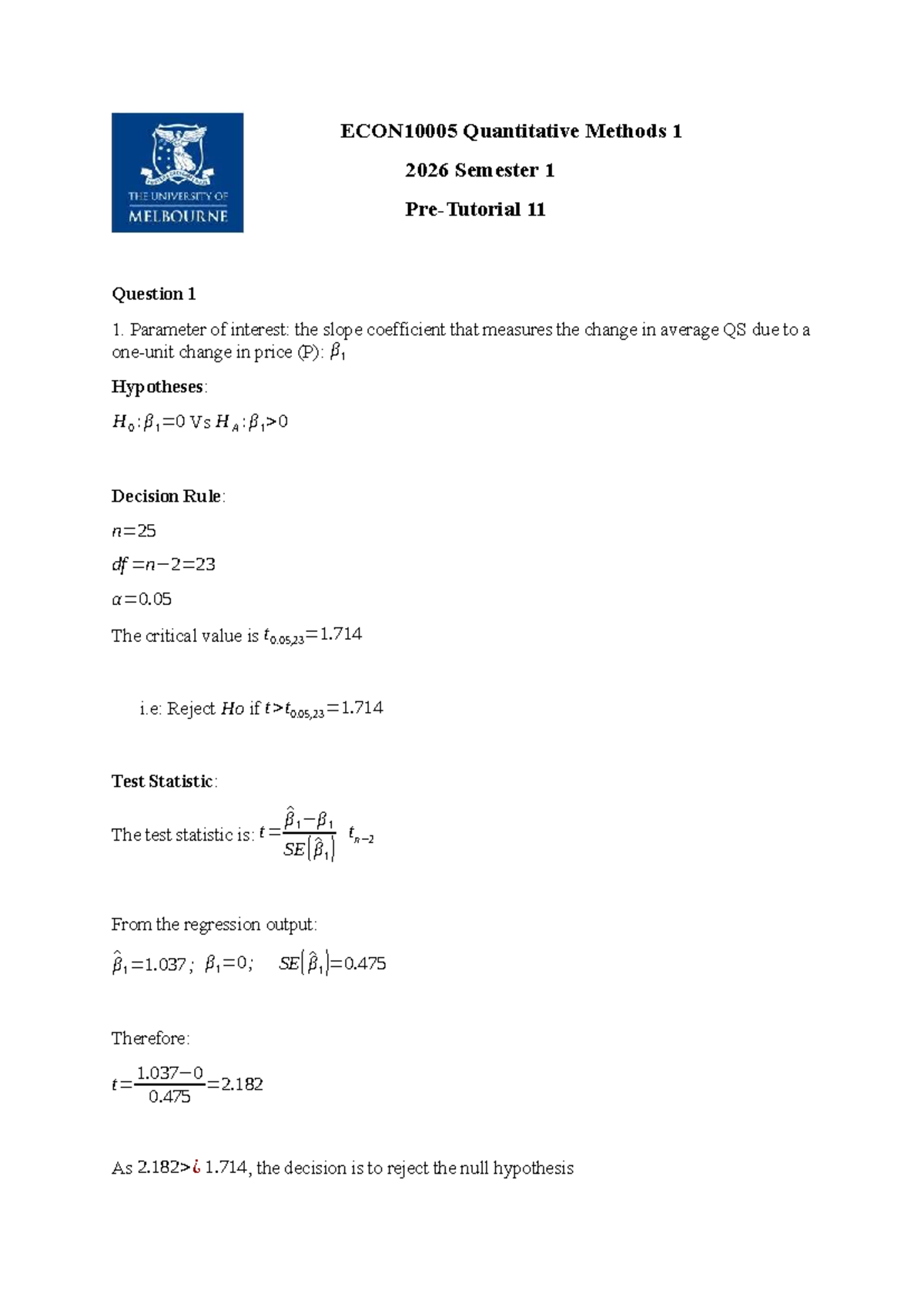 Quantitative Methods 1 2026S1: Pre-Tutorial 11 Solutions - Studocu