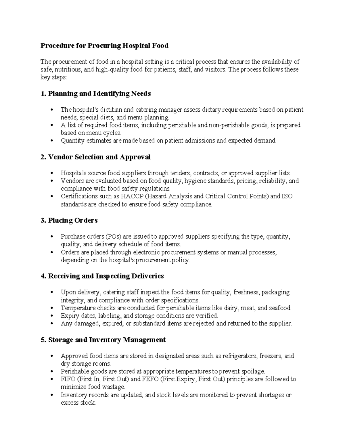 Hospital Catering Procurement Procedure: Ensuring Food Safety and ...