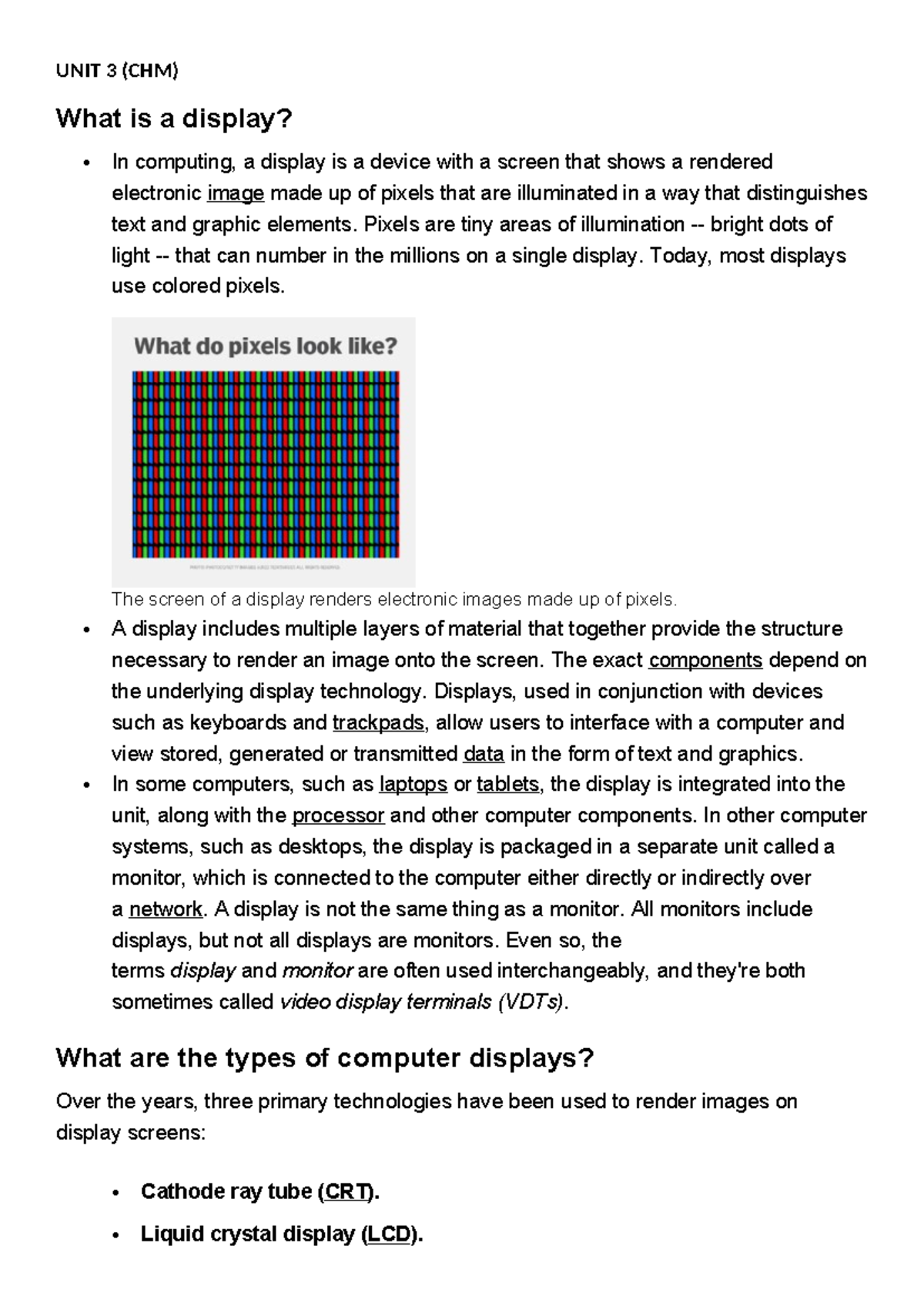 CHM Unit 3: Understanding Displays in Computing - Studocu