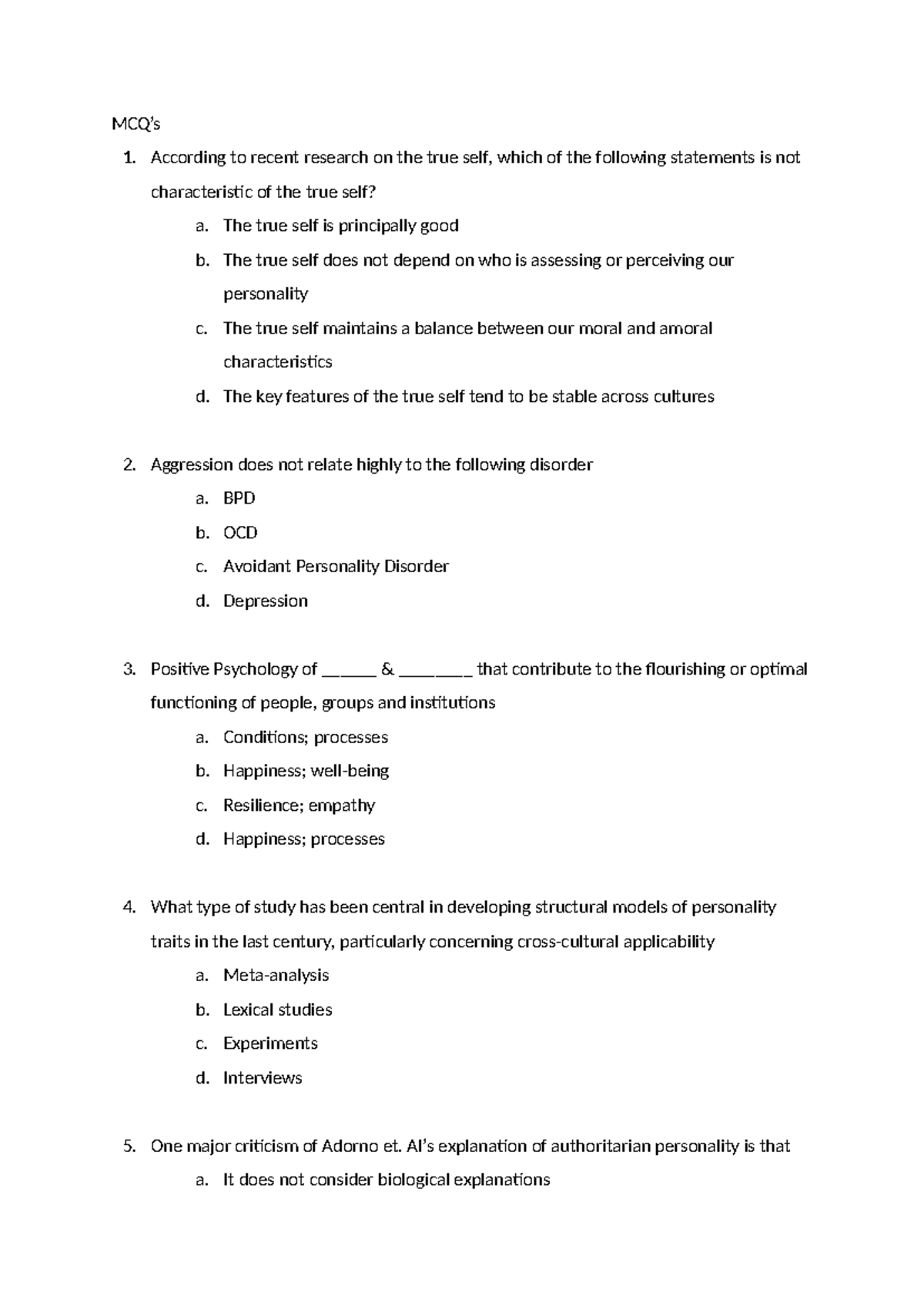 MCQ Practice Questions for Psychology 101: Personality Disorders - Studocu