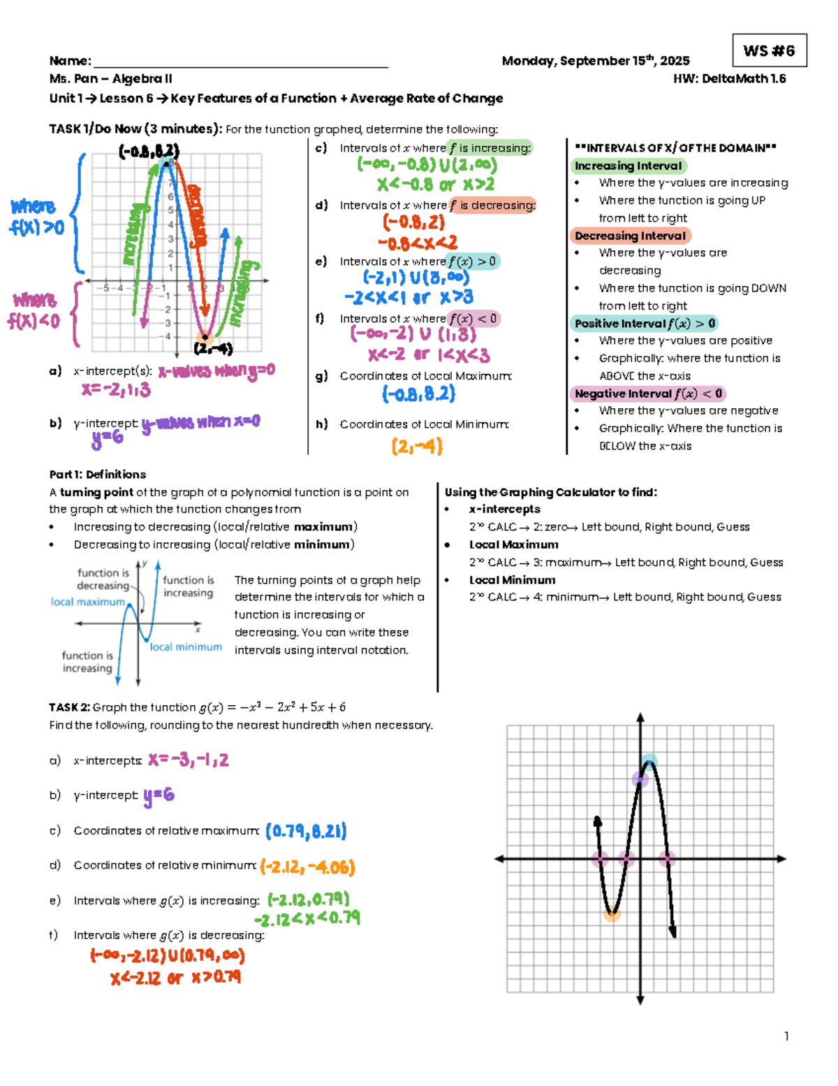 Algebra II WS #6: Key Features of Functions & Avg Rate of Change - Studocu