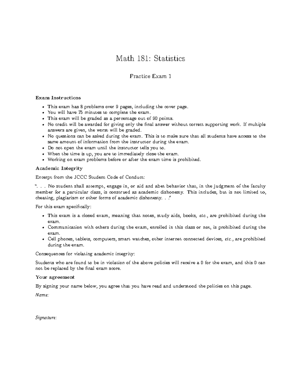 Math 181: Statistics Practice Exam 1 - Hypothesis Testing Problems ...