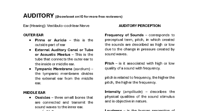 AUDITORY (PHYSIO) - Hearing & Perception Notes - Studocu