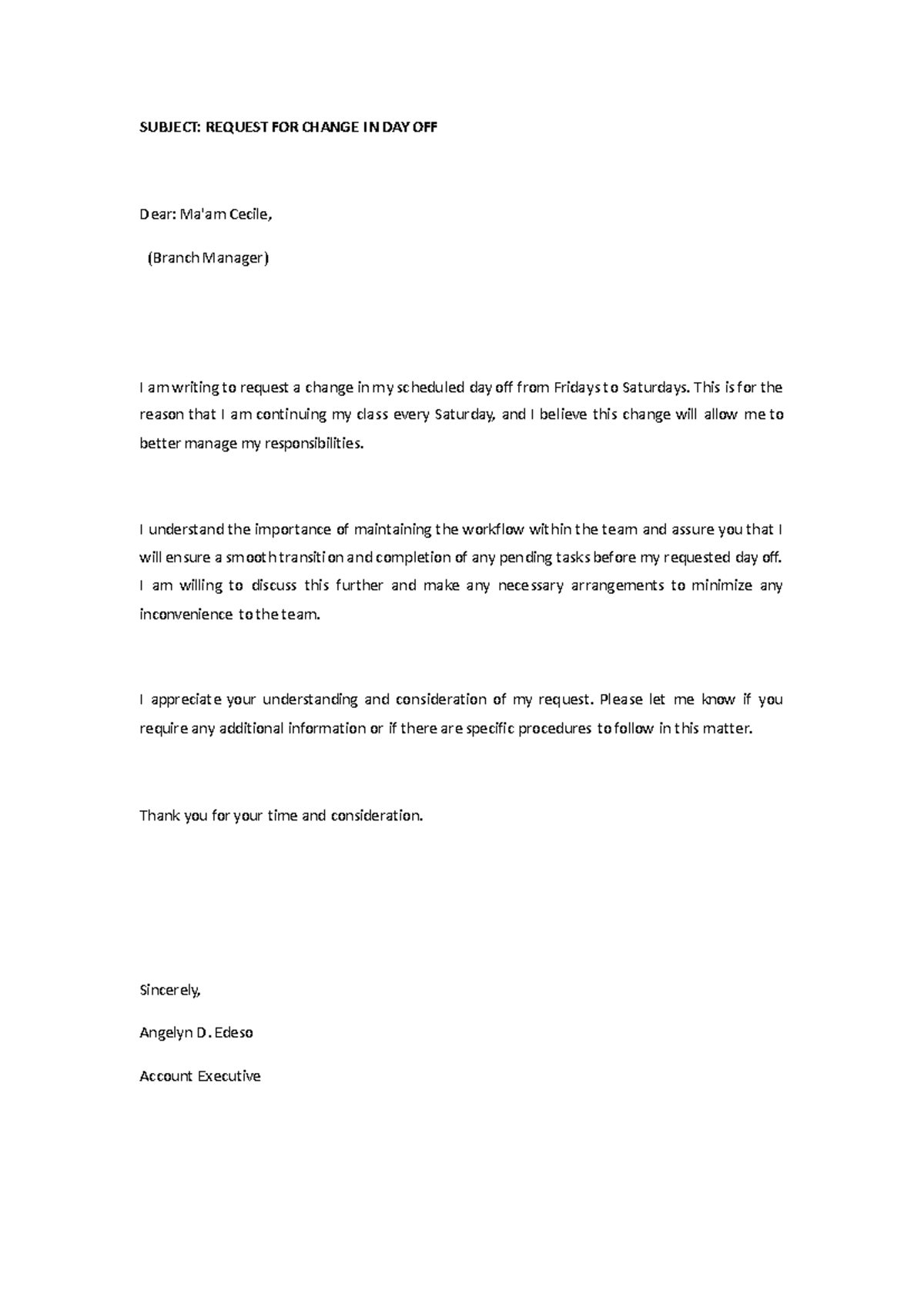Angelyn Edeso Request for Change of Day Off Letter - Studocu