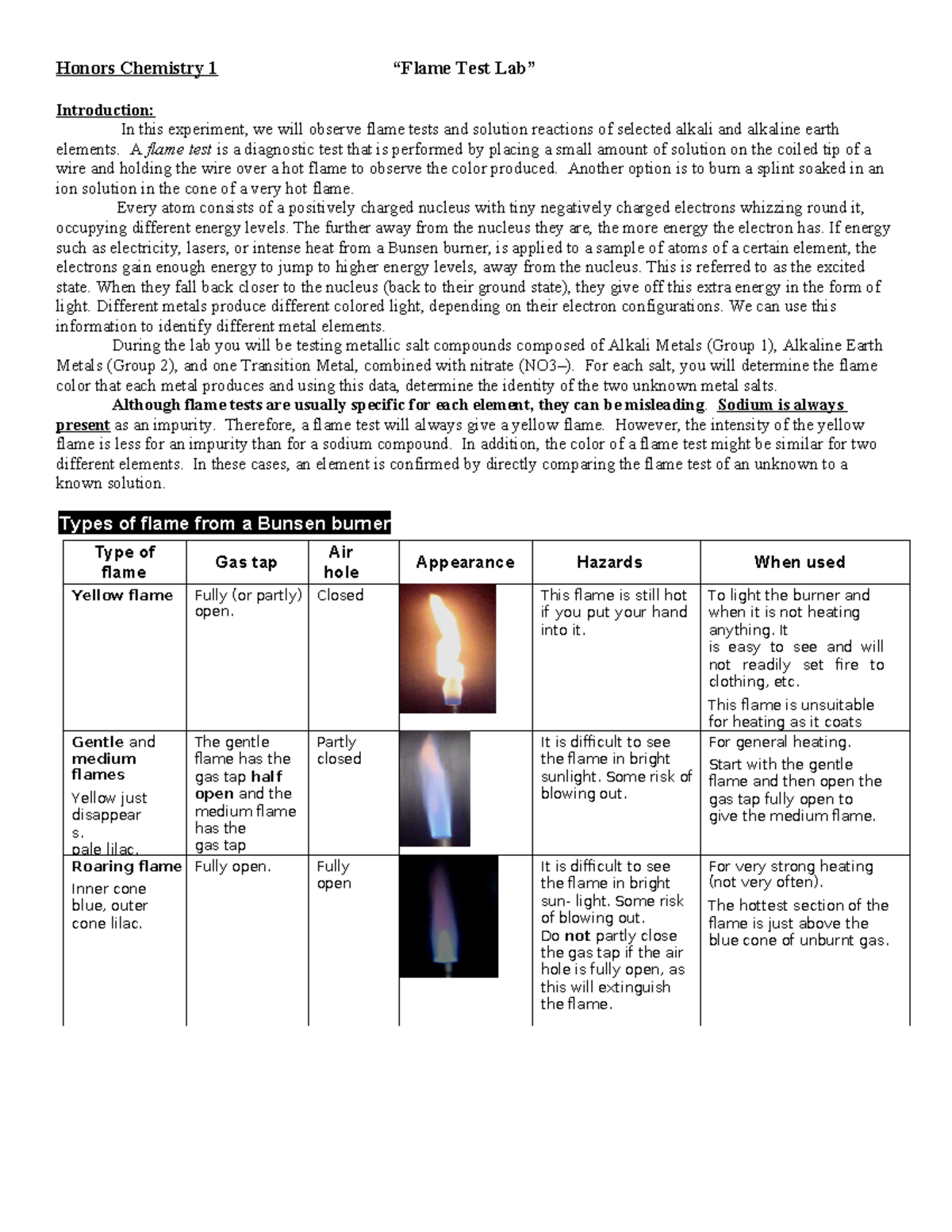 Honors Chemistry 1: Analysis of Flame Test Lab Experiment - Studocu