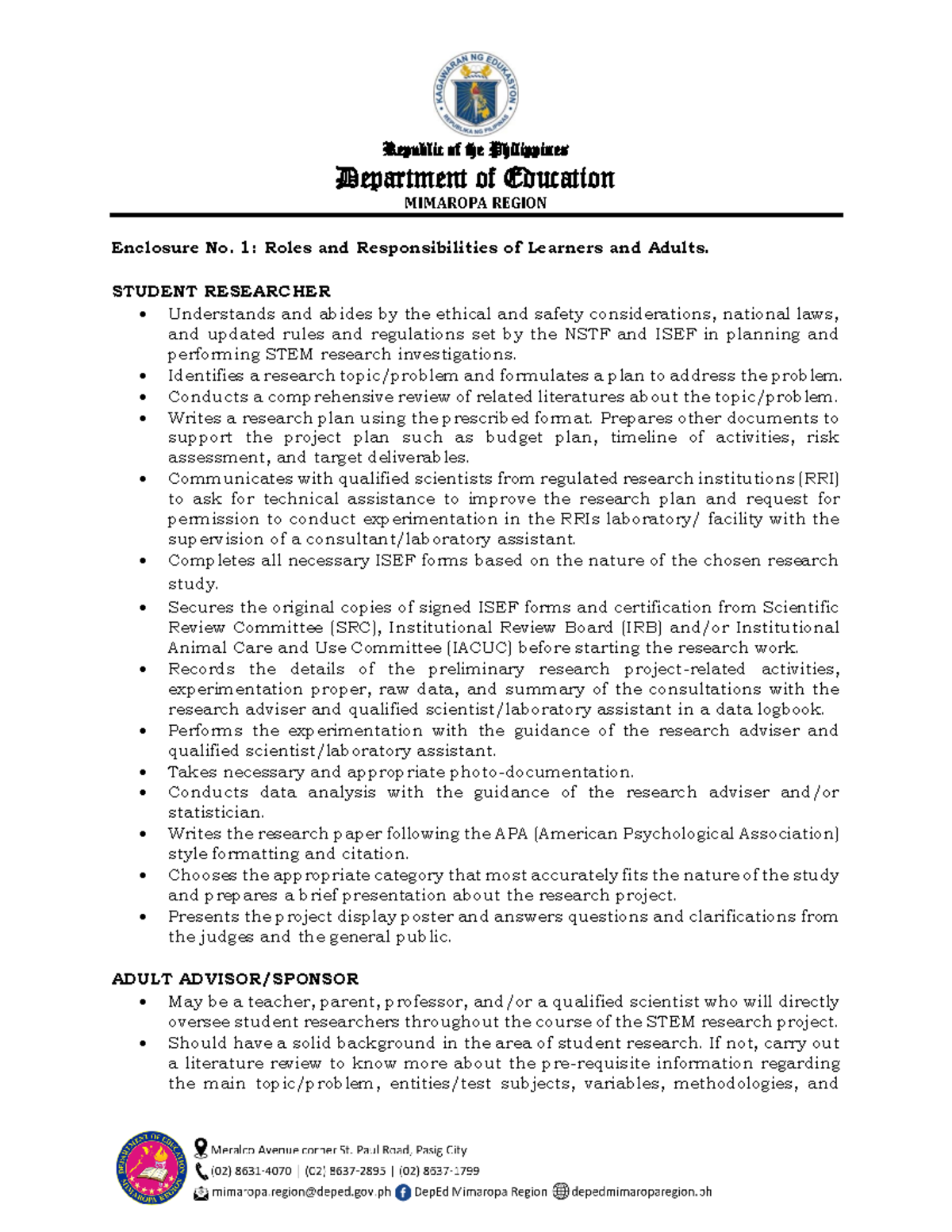 Final Enclosure Guidelines for Conducting Division Sci-Tech Fair - Studocu