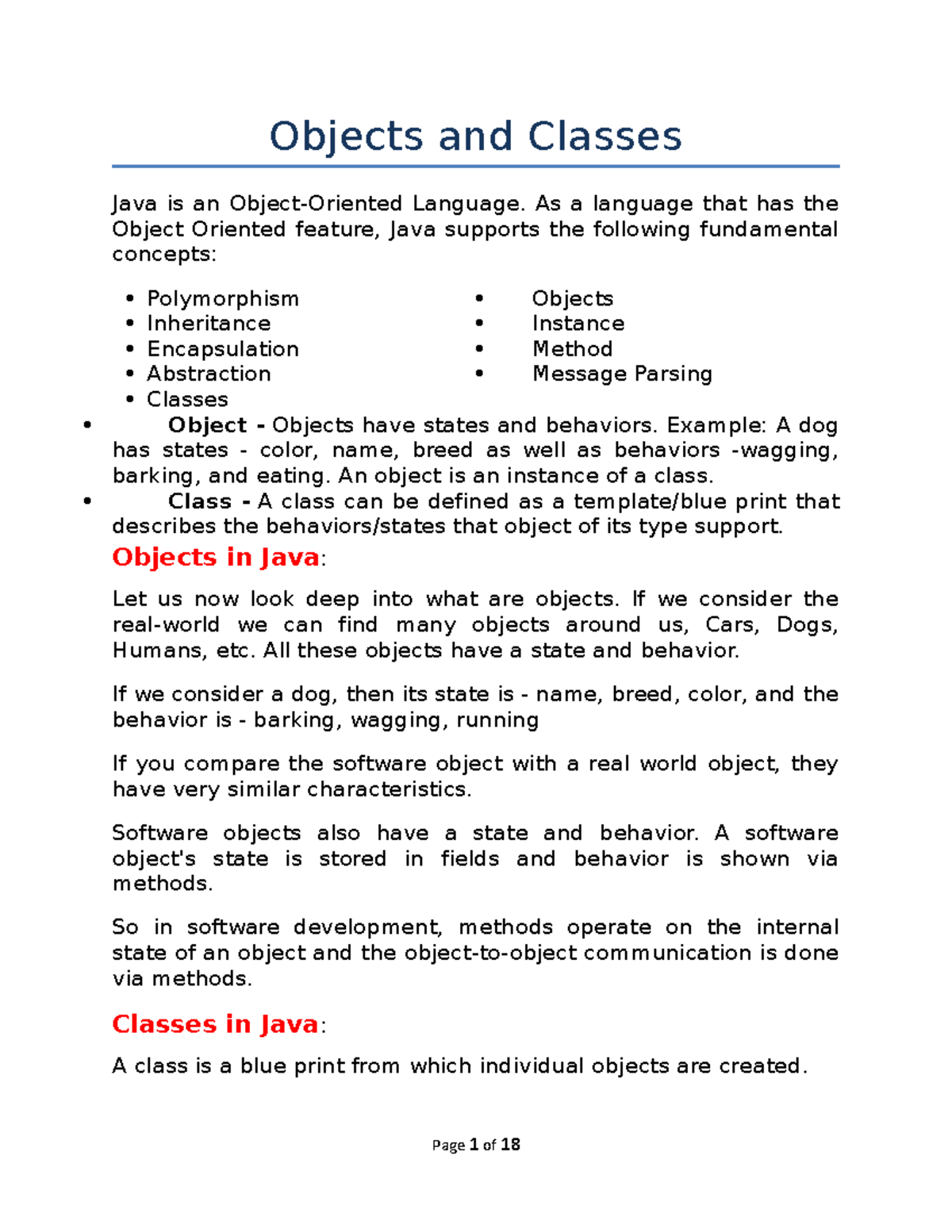 Objects and Classes - this short note is prepared for it second year ...
