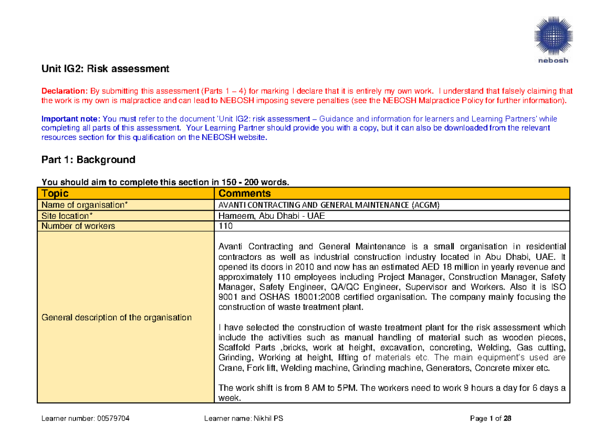 IG2 Risk Assessment Report for Avanti Contracting & General Maintenance ...