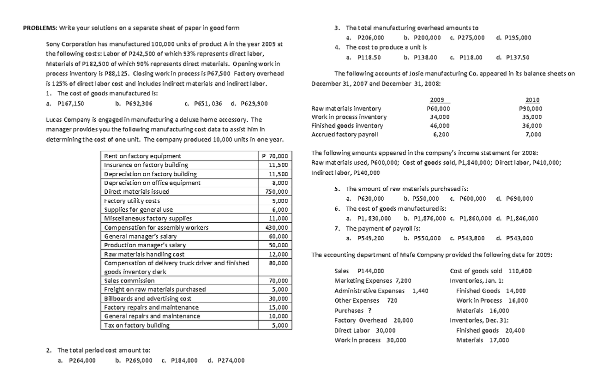 Assignment 1 - Problems on Manufacturing Costs and Calculations - Studocu