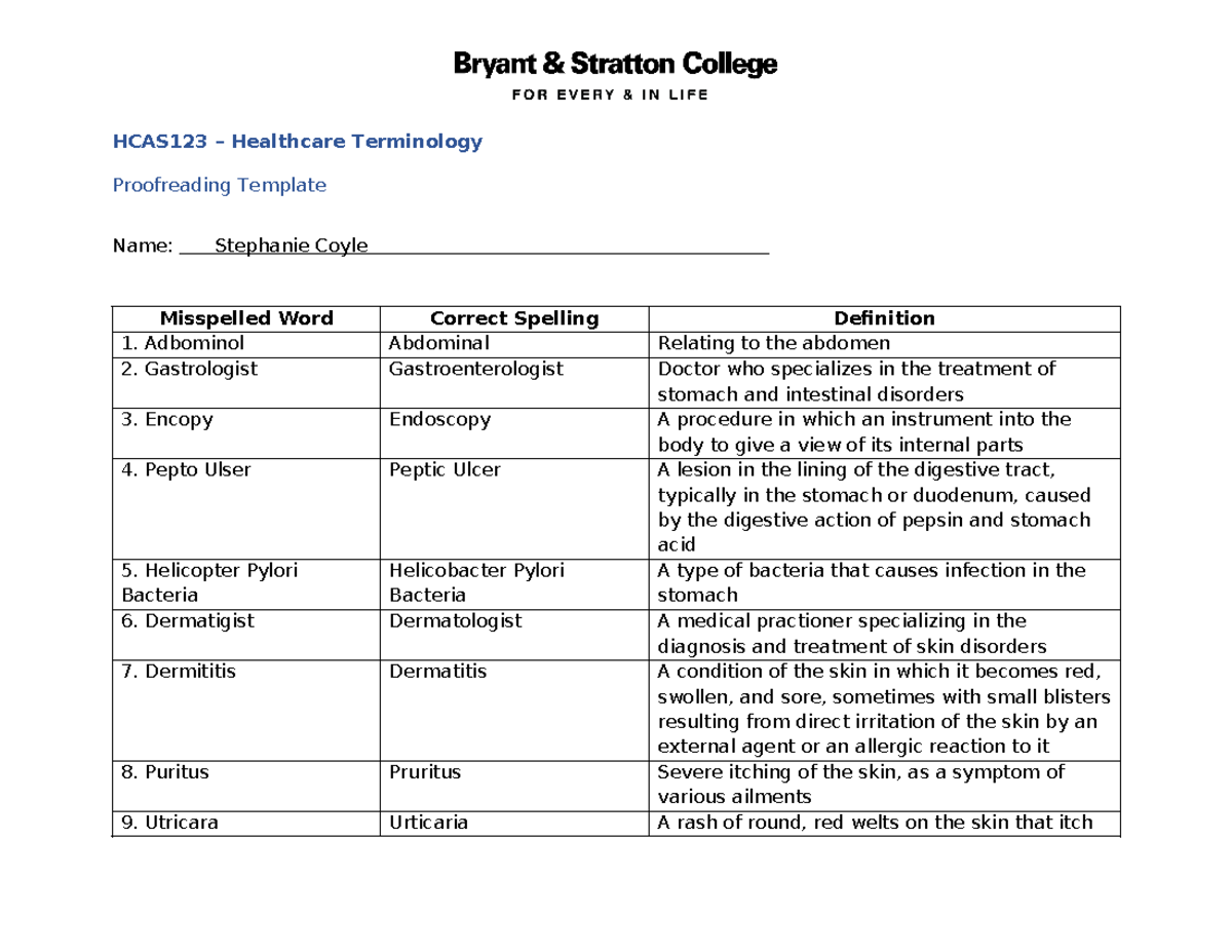 HCAS123 - Proofreading Template for Healthcare Terminology Terms - Studocu