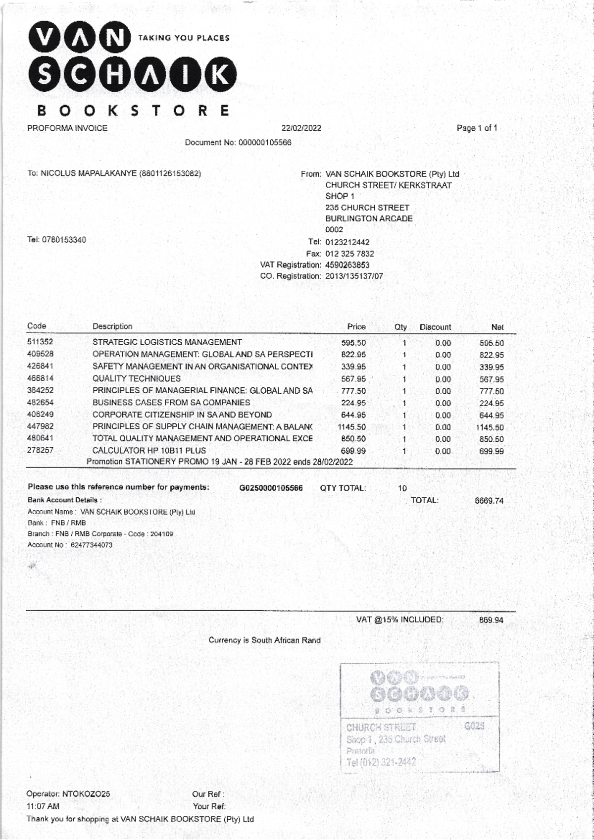 Van Schaik Bookstore Proforma Invoice: Nicolus Mapalakanye - Studocu