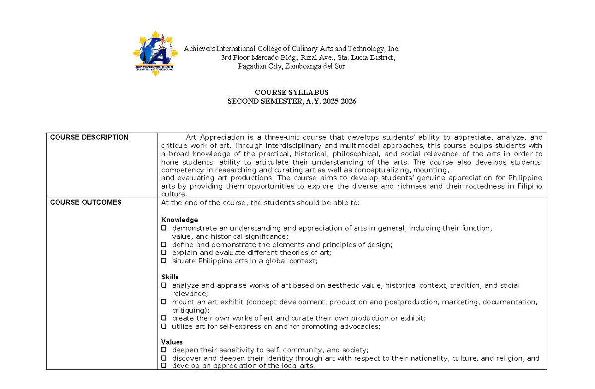 Art Appreciation Course Syllabus (AY 2023-2024) - 2nd Semester - Studocu