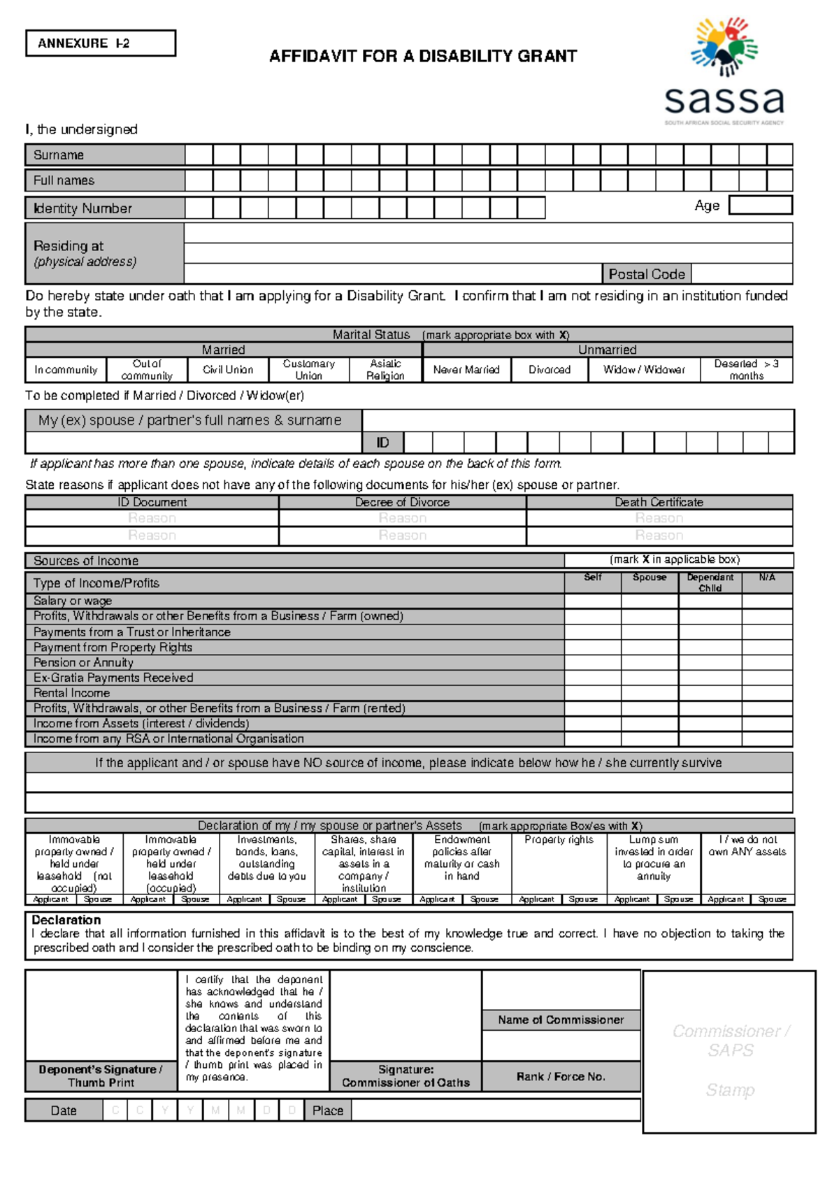 SASSA Disability Grant Affidavit: Application & Declaration Form - Studocu