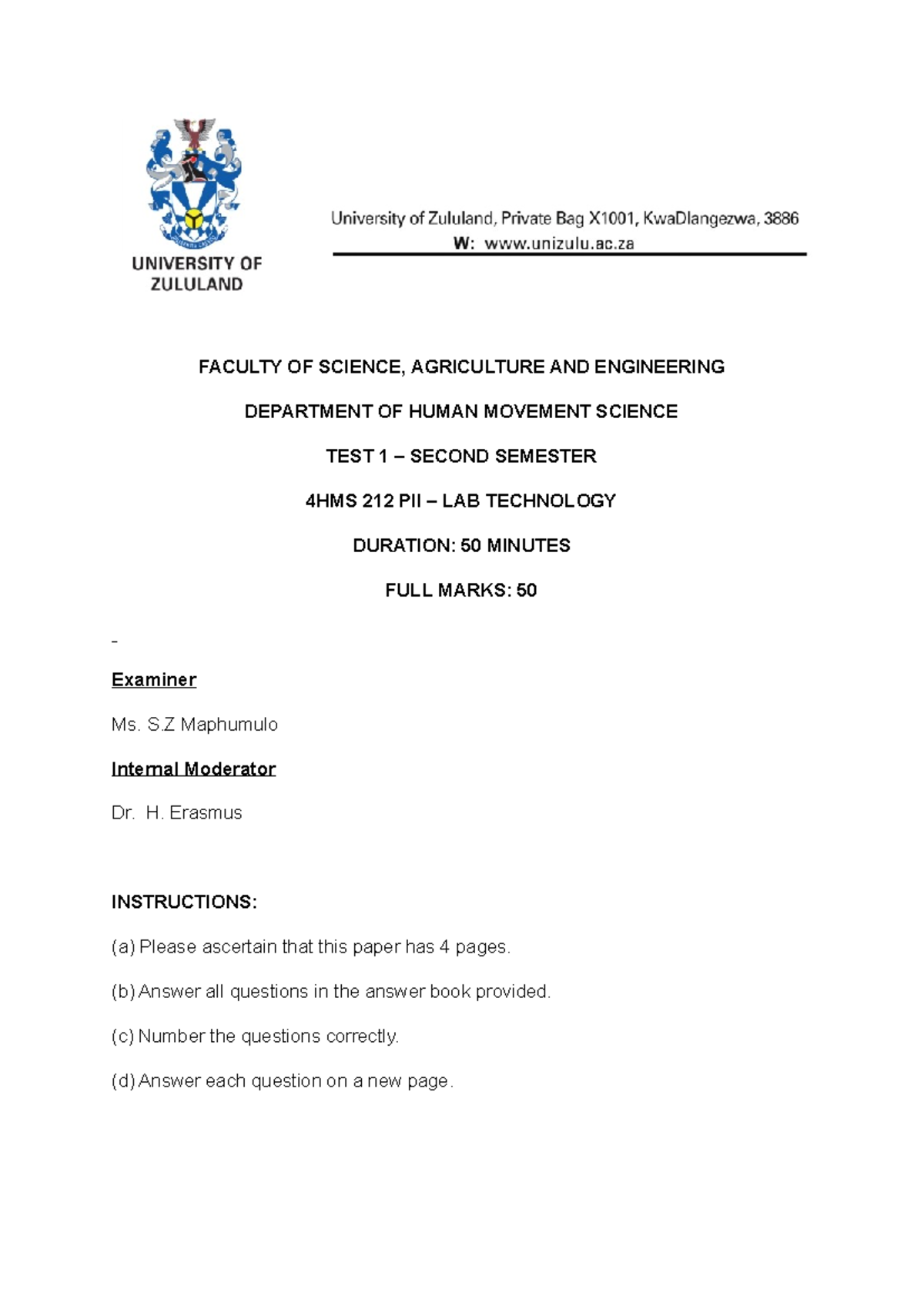 4HMS212 PII - Lab Technology Test 1 Memo for 2nd Semester - Studocu