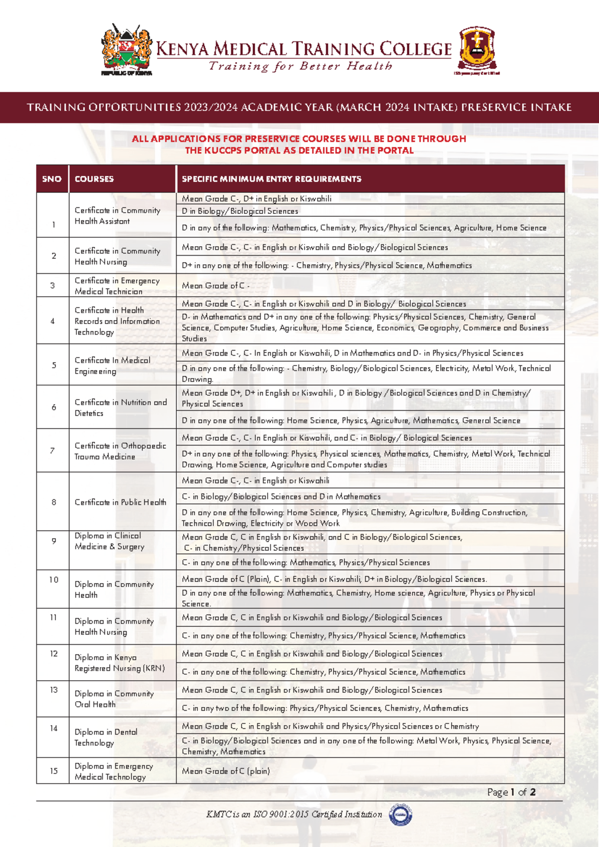 KMTC-PRE- Training Opportunities for 2023/2024 Academic Year - Studocu