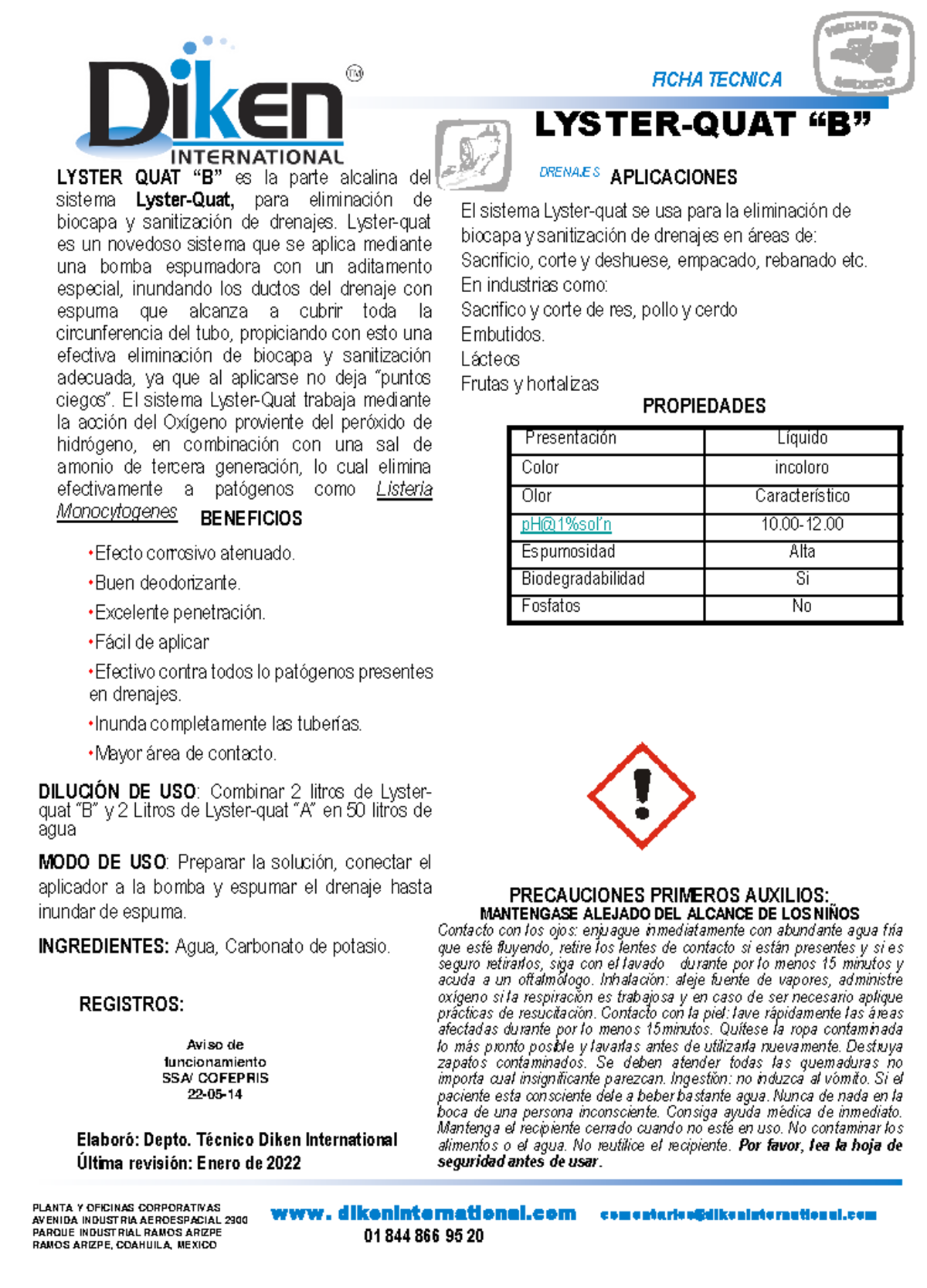 Ficha Técnica Lyster-Quat: Drenajes y Sanitización Efectiva - Studocu