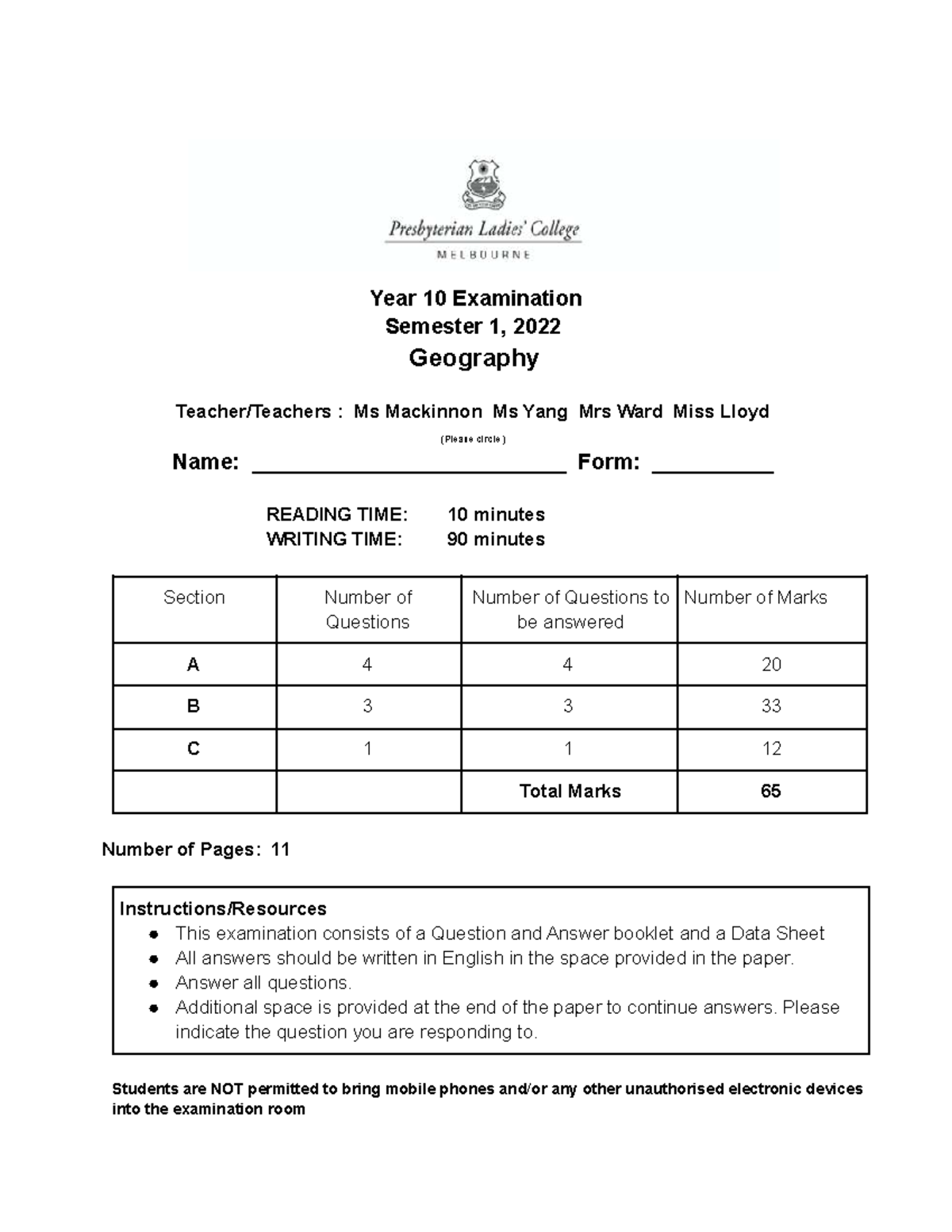 2022 S1 Yr 10 Geography Exam: Comprehensive Question Guide - Studocu