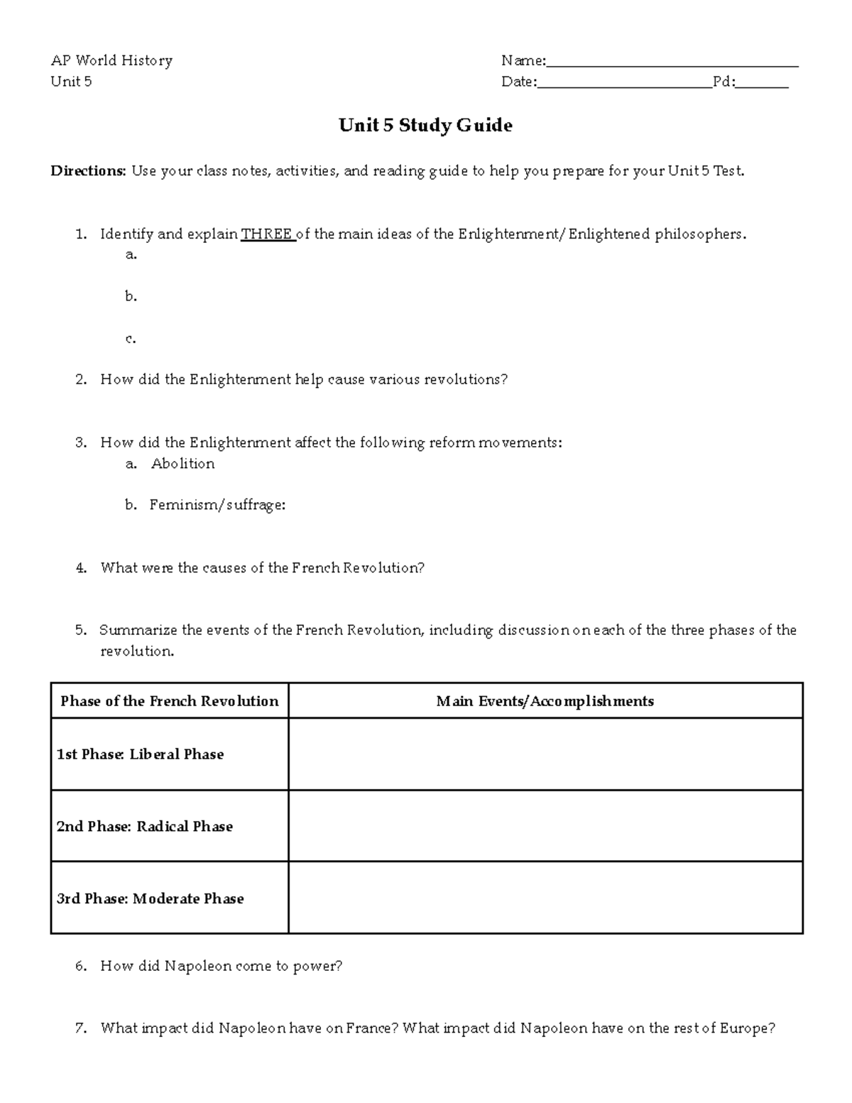 AP World History Unit 5 Study Guide: Enlightenment & Revolutions - Studocu