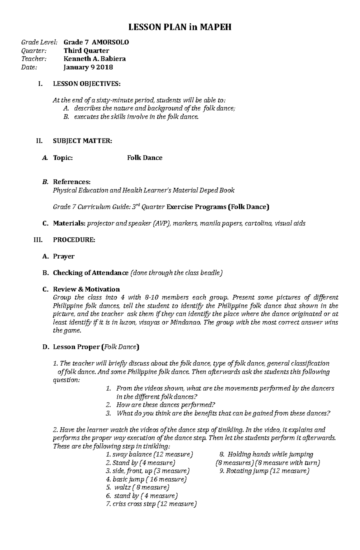 368643206 MAPEH Lesson Plan: Exploring Folk Dance for Grade 7 - Studocu