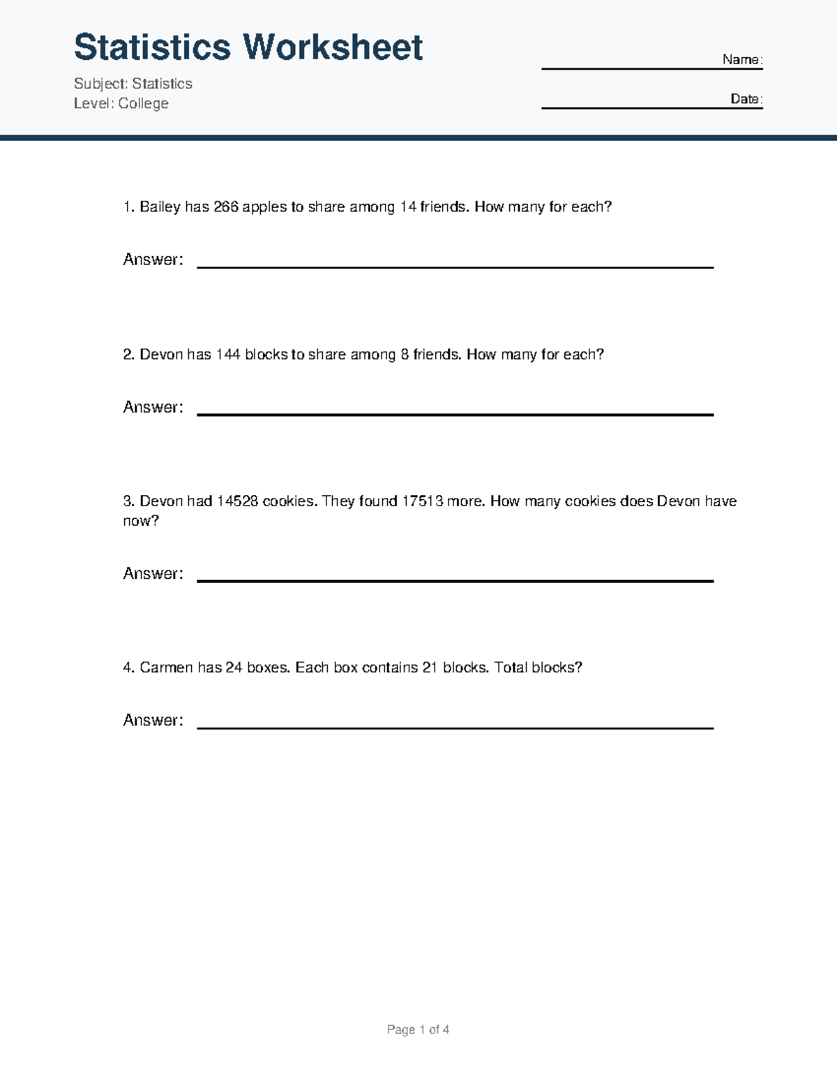 Statistics Worksheet 8: College Level Problems and Solutions - Studocu
