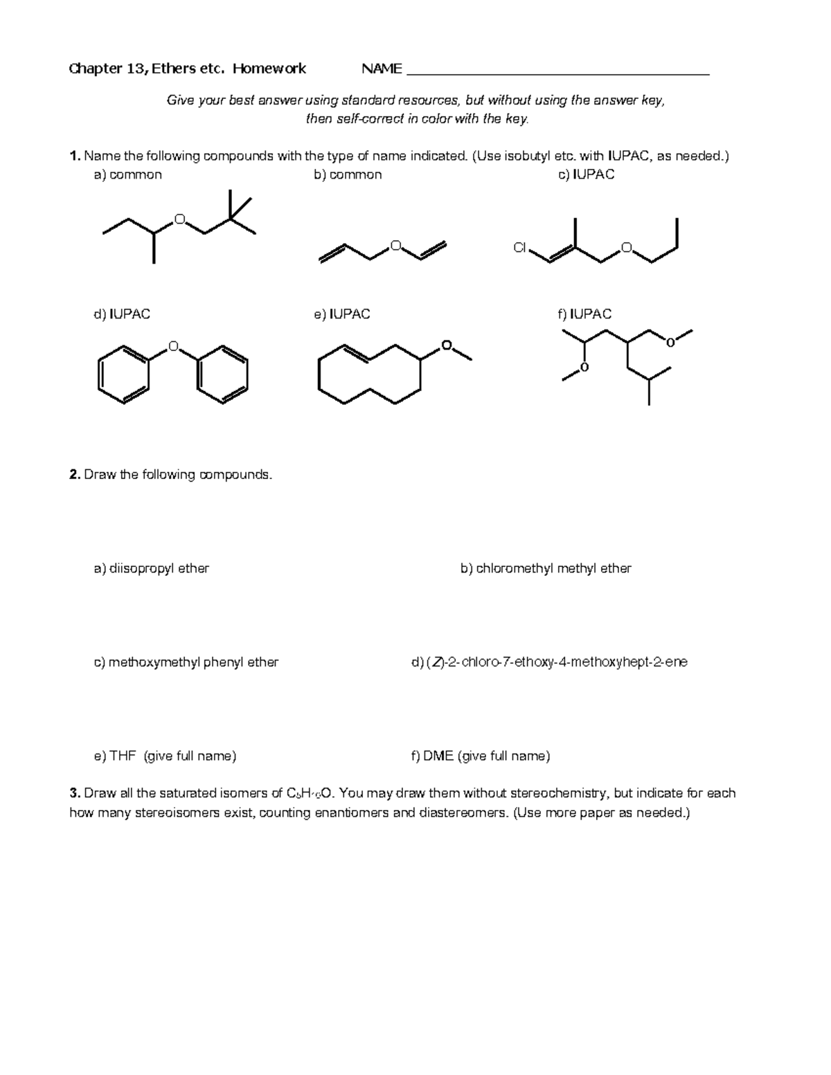 Chap 13 Ethers Homework S24: Naming, Drawing, and Reactions - Studocu