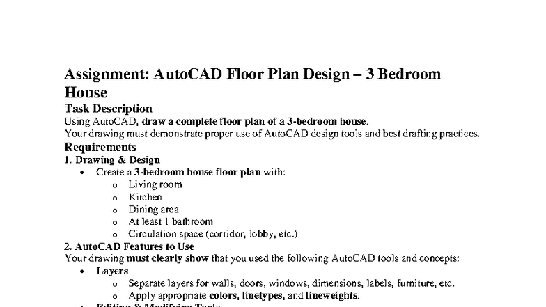 AutoCAD Assignment: 3-Bedroom House Floor Plan Design - Studocu