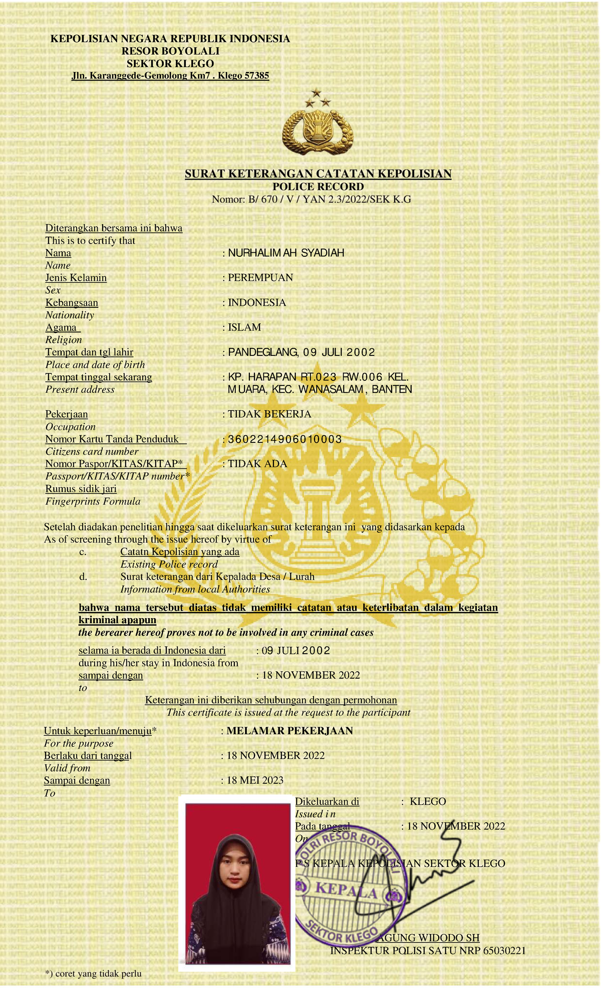 Format SKCK Form - KEPOLISIAN NEGARA REPUBLIK INDONESIA KLEGO - Studocu