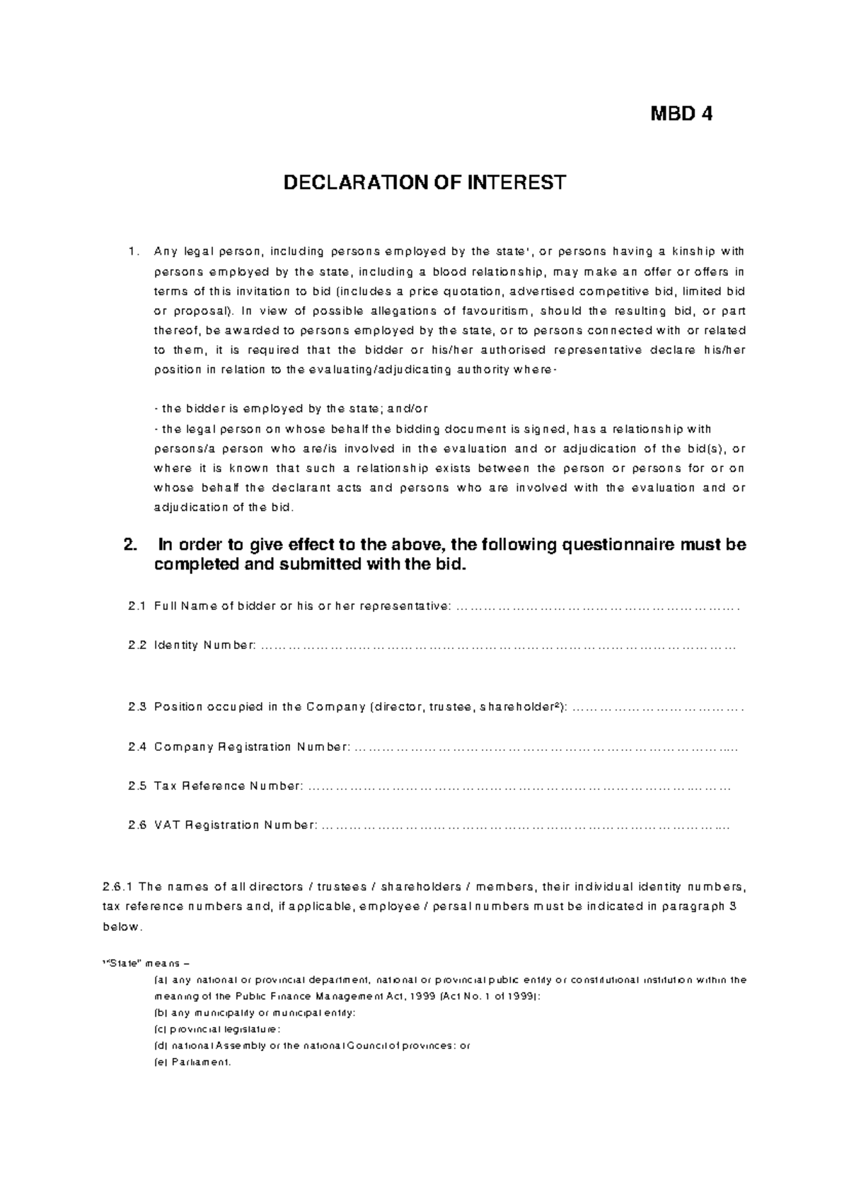 MBD 4 Declaration of Interest for Bidding Process - Studocu