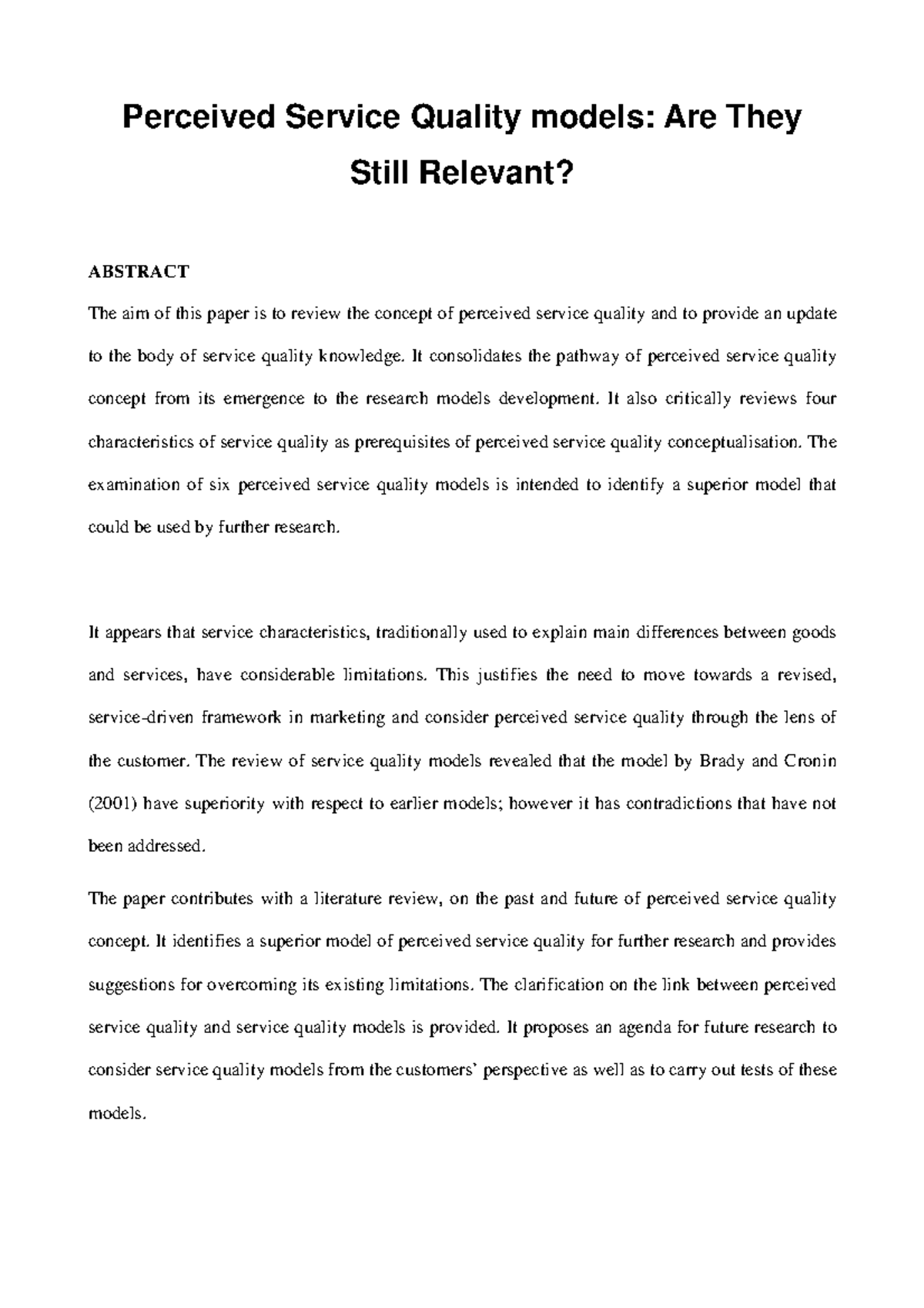 Review of Perceived Service Quality Models and Their Relevance ...