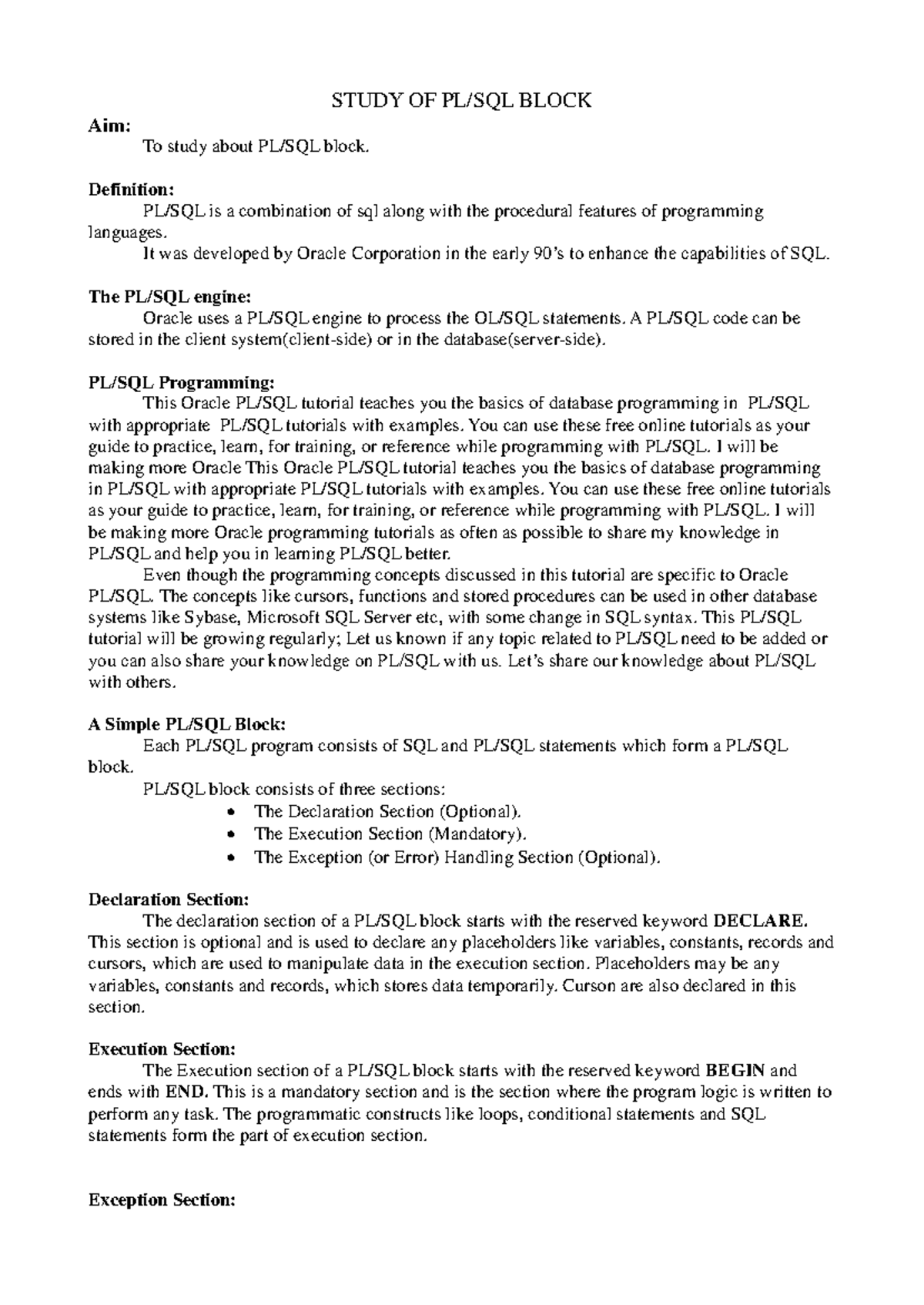 PL/SQL Block: Comprehensive Study Guide and Essentials (DBMS) - Studocu
