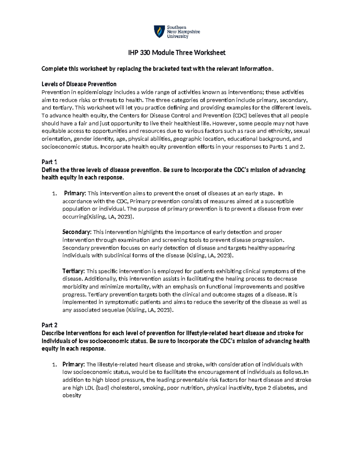IHP 330 Module 3 Worksheet: Levels of Disease Prevention and Health ...