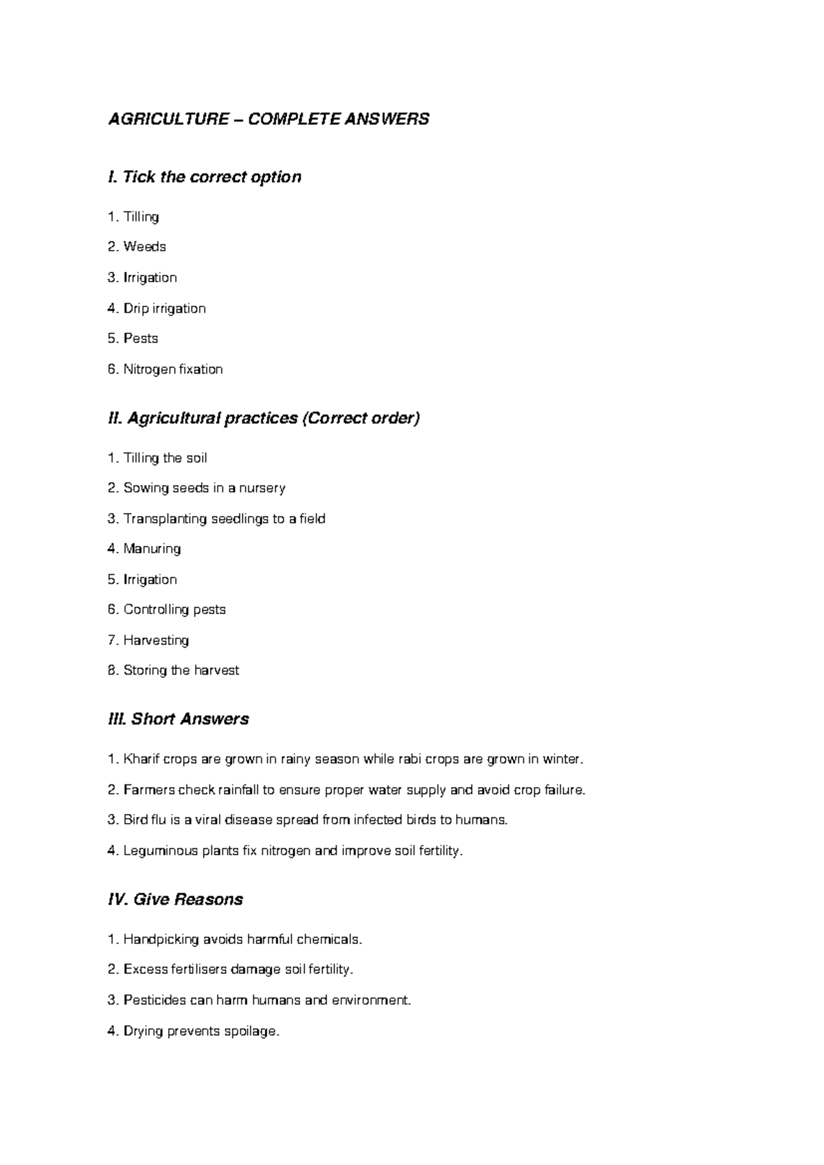 AGRICULTURE FINAL ANSWERS: Key Concepts & Practices - Studocu